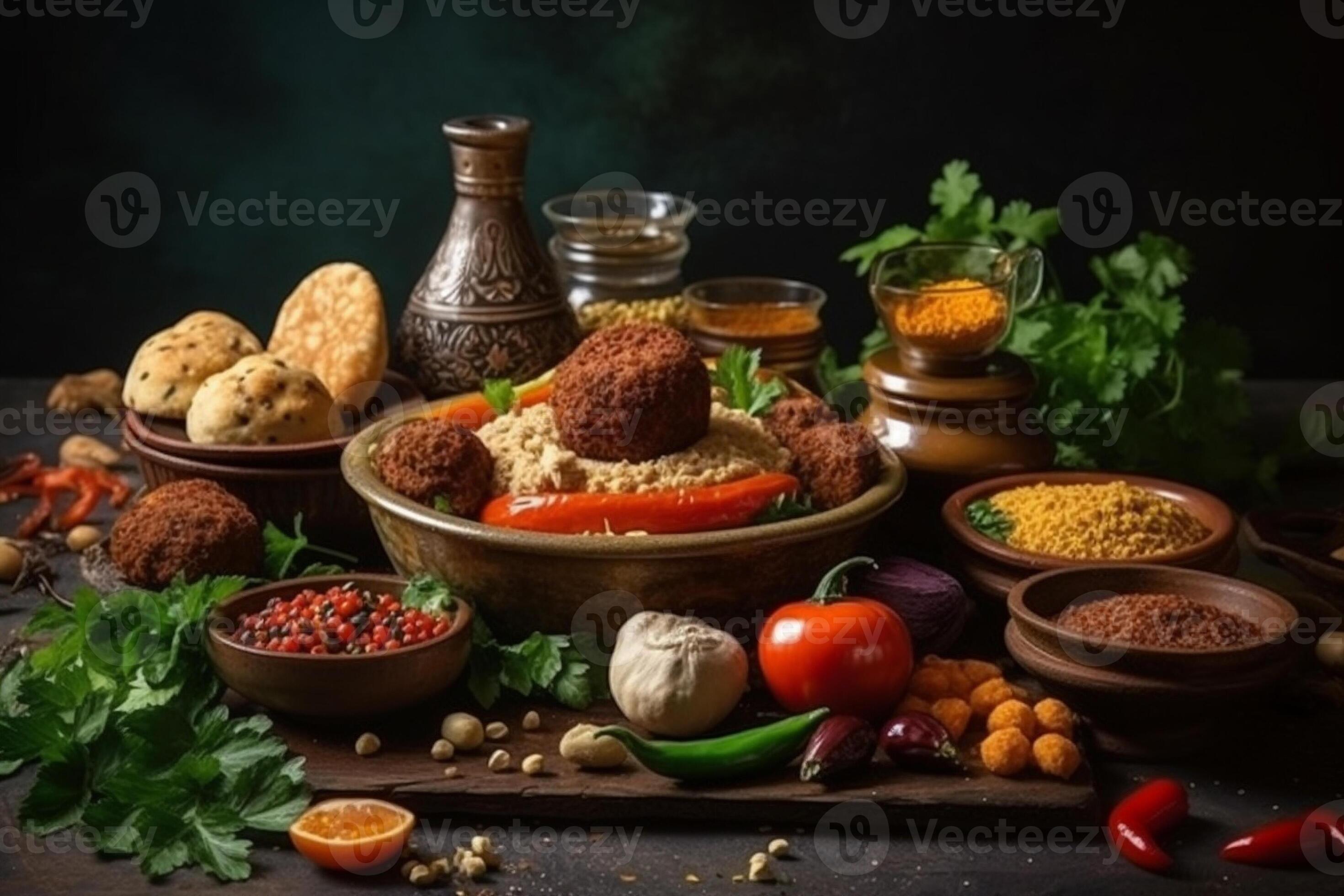 Middle Eastern or Arabic dishes and assorted meze on a dark background ...