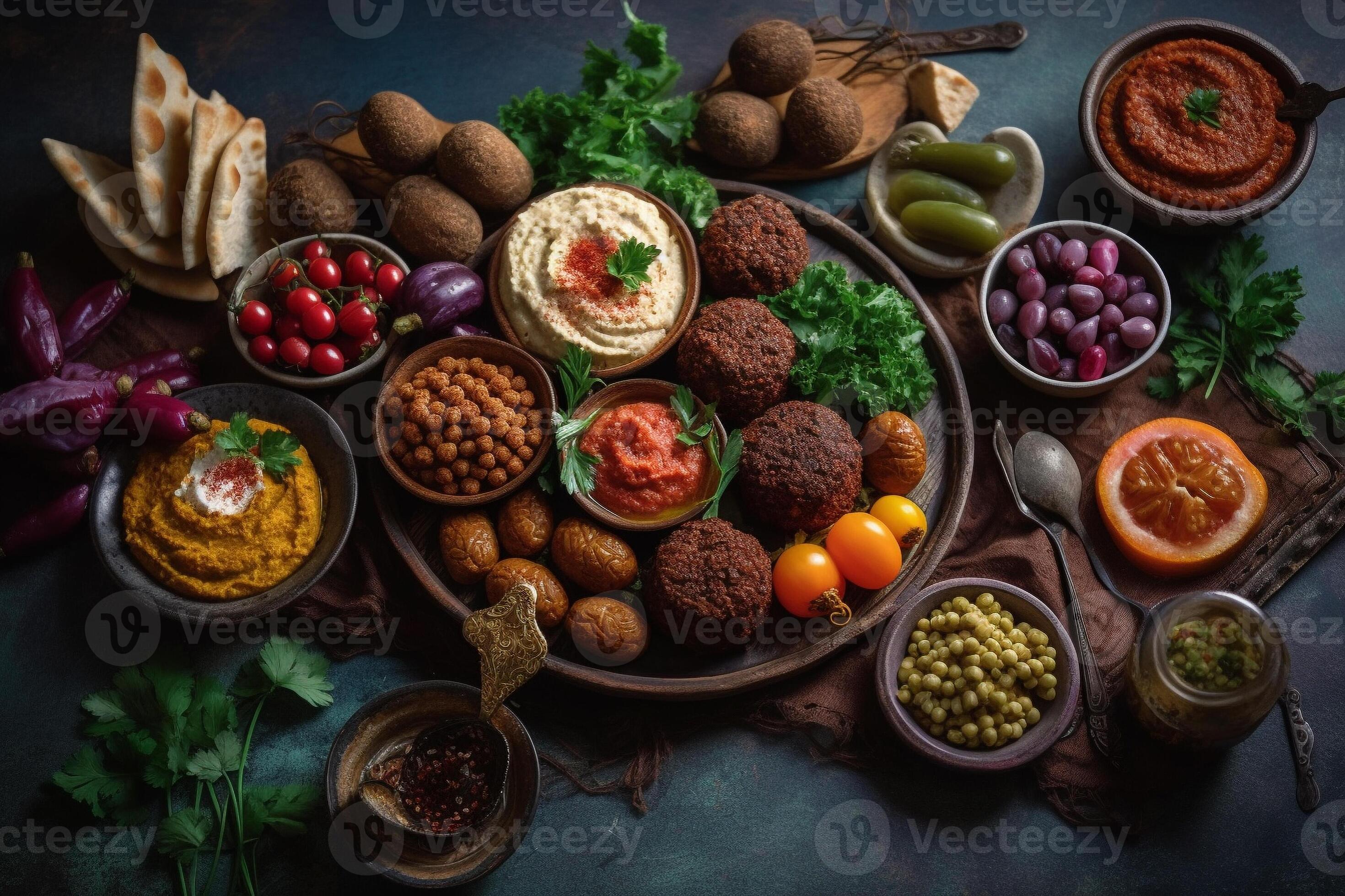 Middle Eastern or Arabic dishes and assorted meze on a dark background ...