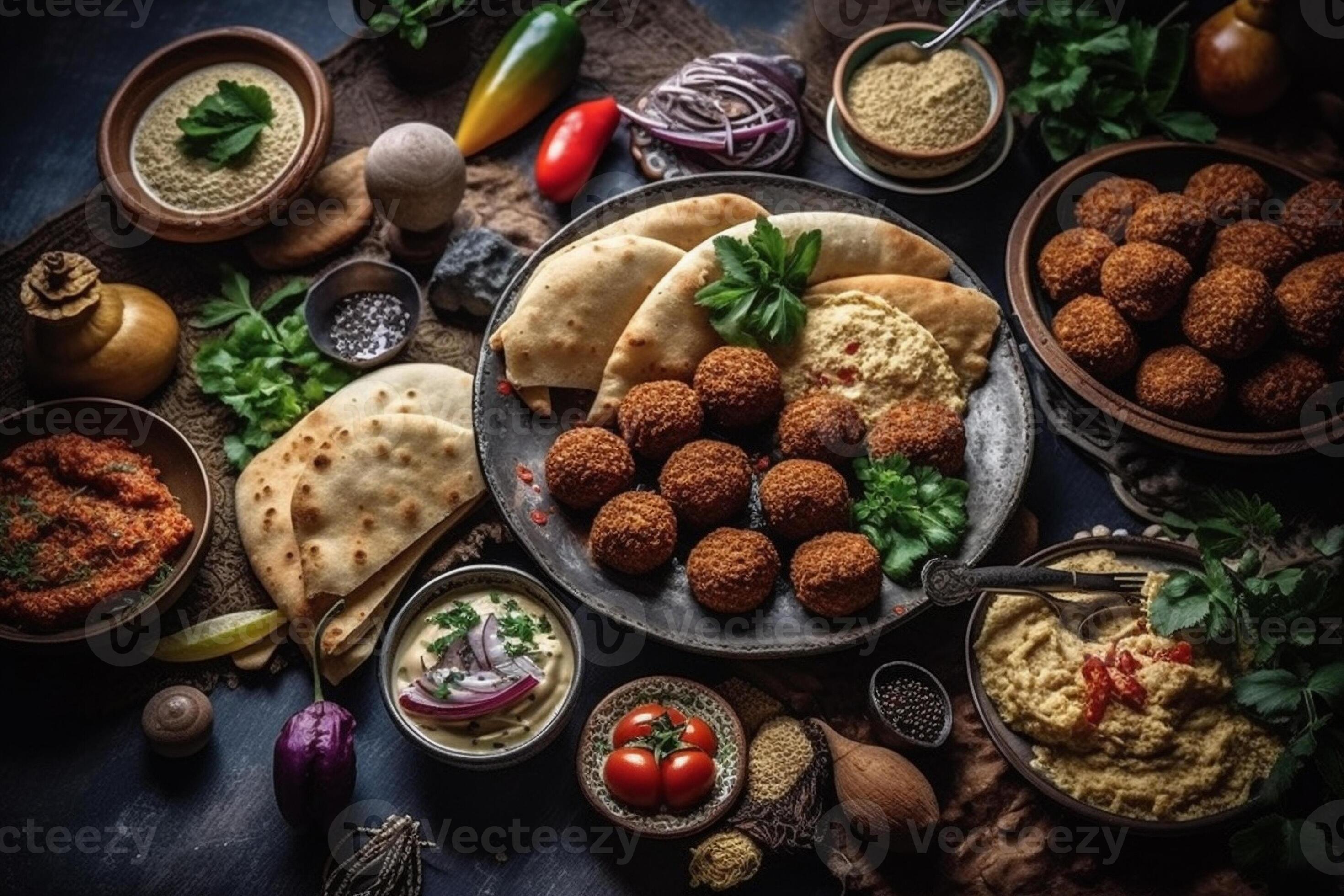 Middle Eastern or Arabic dishes and assorted meze on a dark background ...