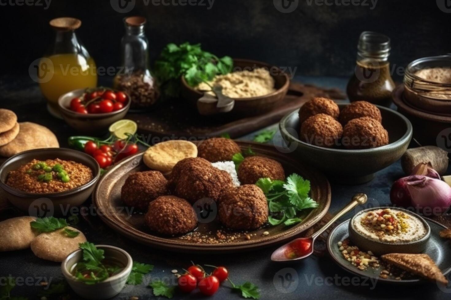 Middle Eastern or Arabic dishes and assorted meze on a dark background ...