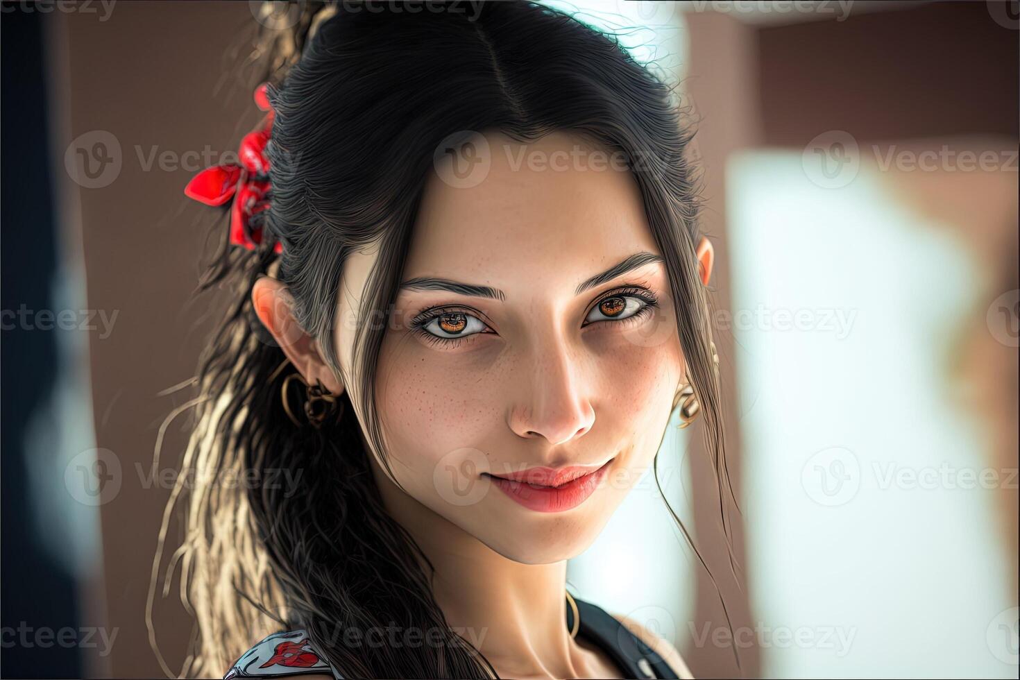 Young Latina Hispanic Fashion Model Woman With Brown Long Hair And Perfect Japanese Manga Style