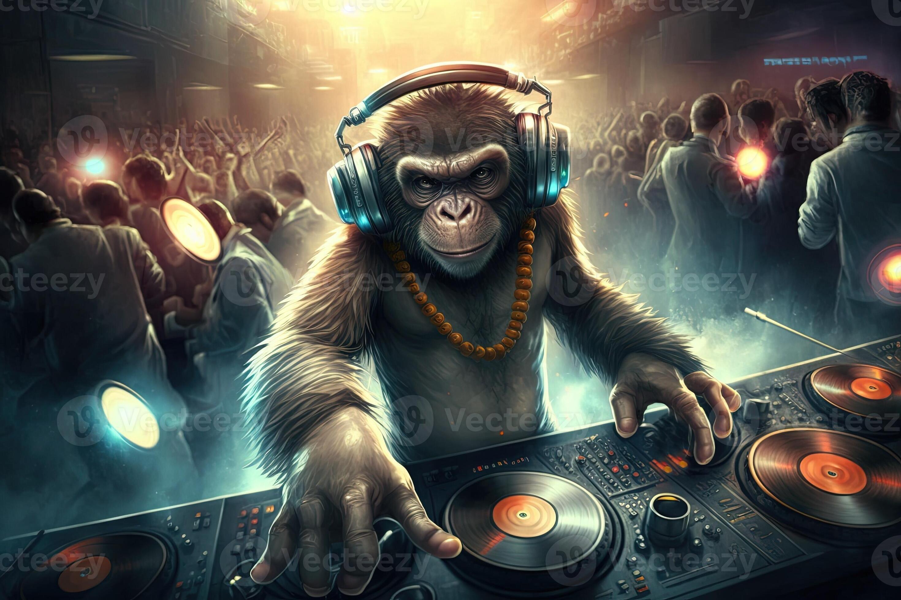 Monkey animal is a resident dj in the club People dancing on background illustration 23969262 ...