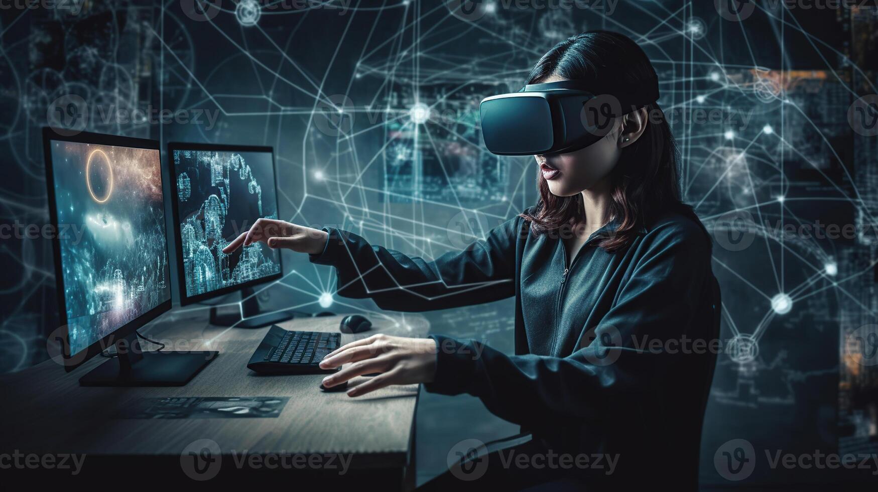 In the center of the collage could be a woman wearing a VR headset and holding a controller ...