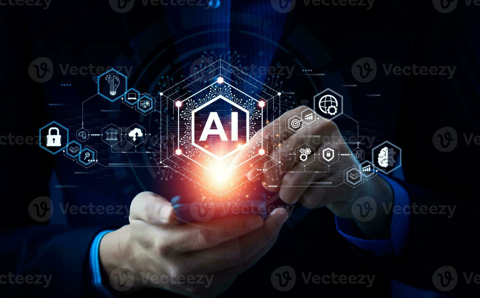 Businessman Touching The Brain Working Of Artificial Intelligence Automation Predictive