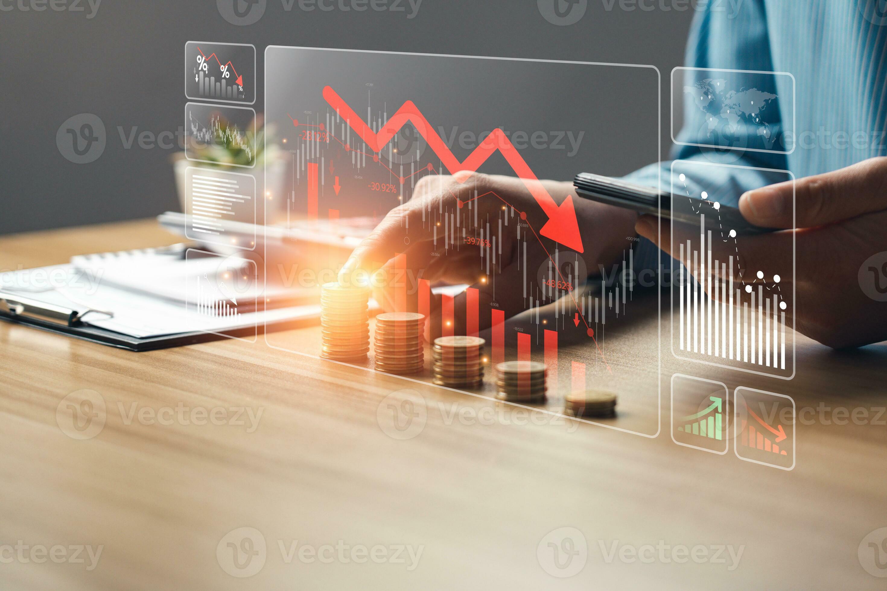 económico colapso concepto, empresario con que cae financiero grafico gráfico debido a global ...