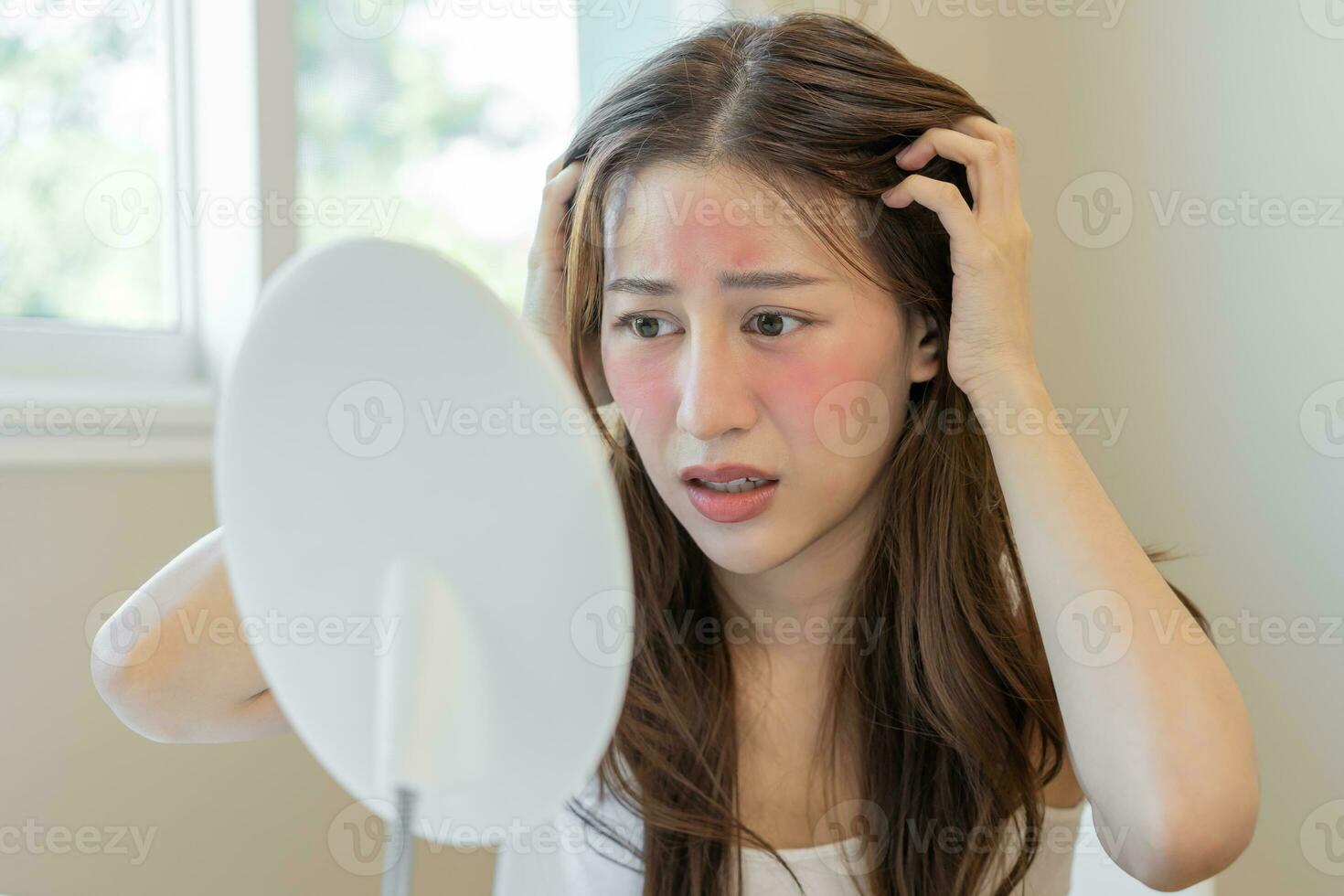 Dermatology Puberty Asian Young Woman Girl Looking Into Mirror