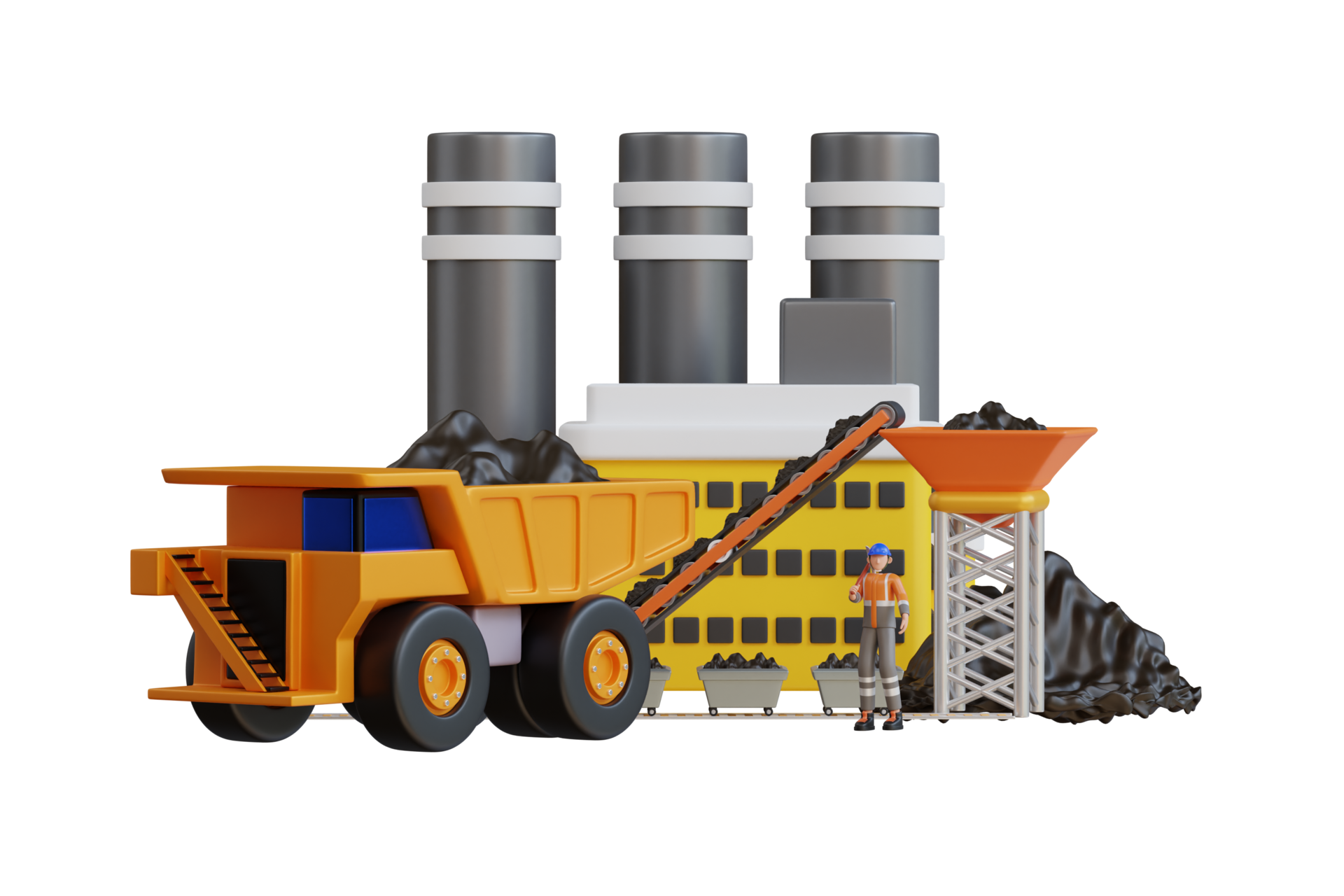 Coal mining industry conveyor and transportation. Dump trucks transporting coal to mining and ...