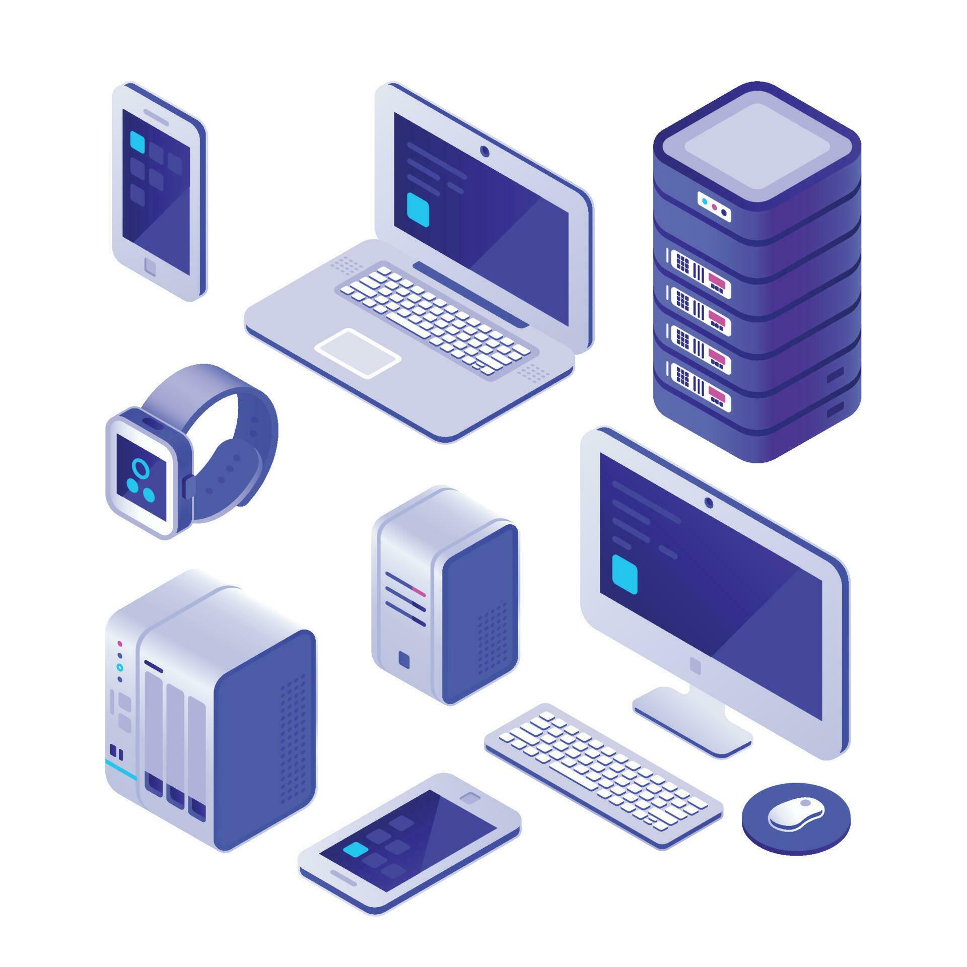 Mobile devices isometric set. computer, server and laptop, smartphone. Cloud database system ...