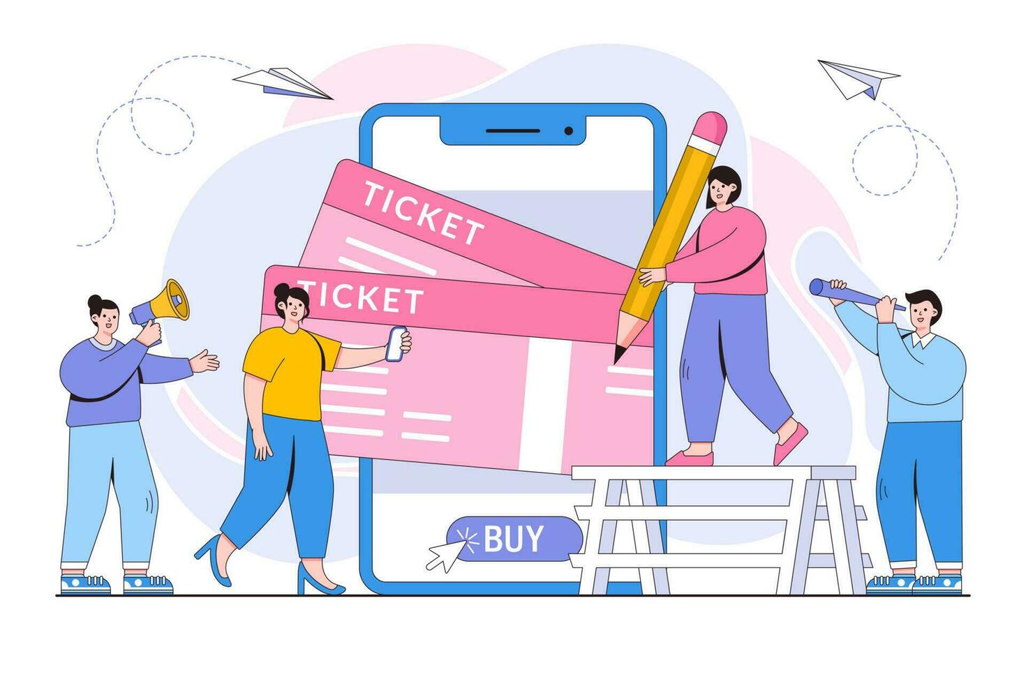 vector ilustración de comprando Entradas en línea mediante teléfono inteligente y impreso ...