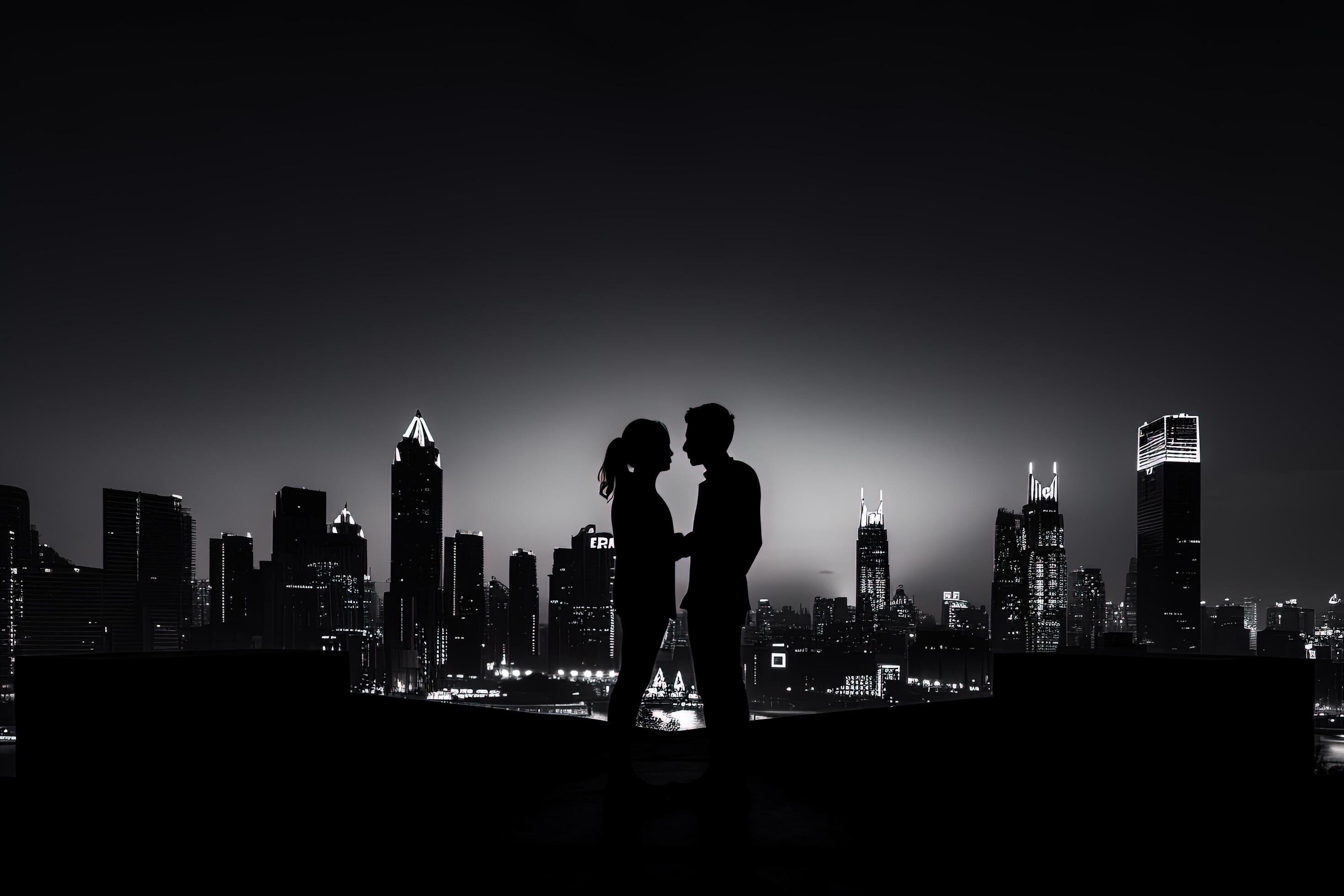 Silhouette of a romantic young couple enjoying the city nightscape ...