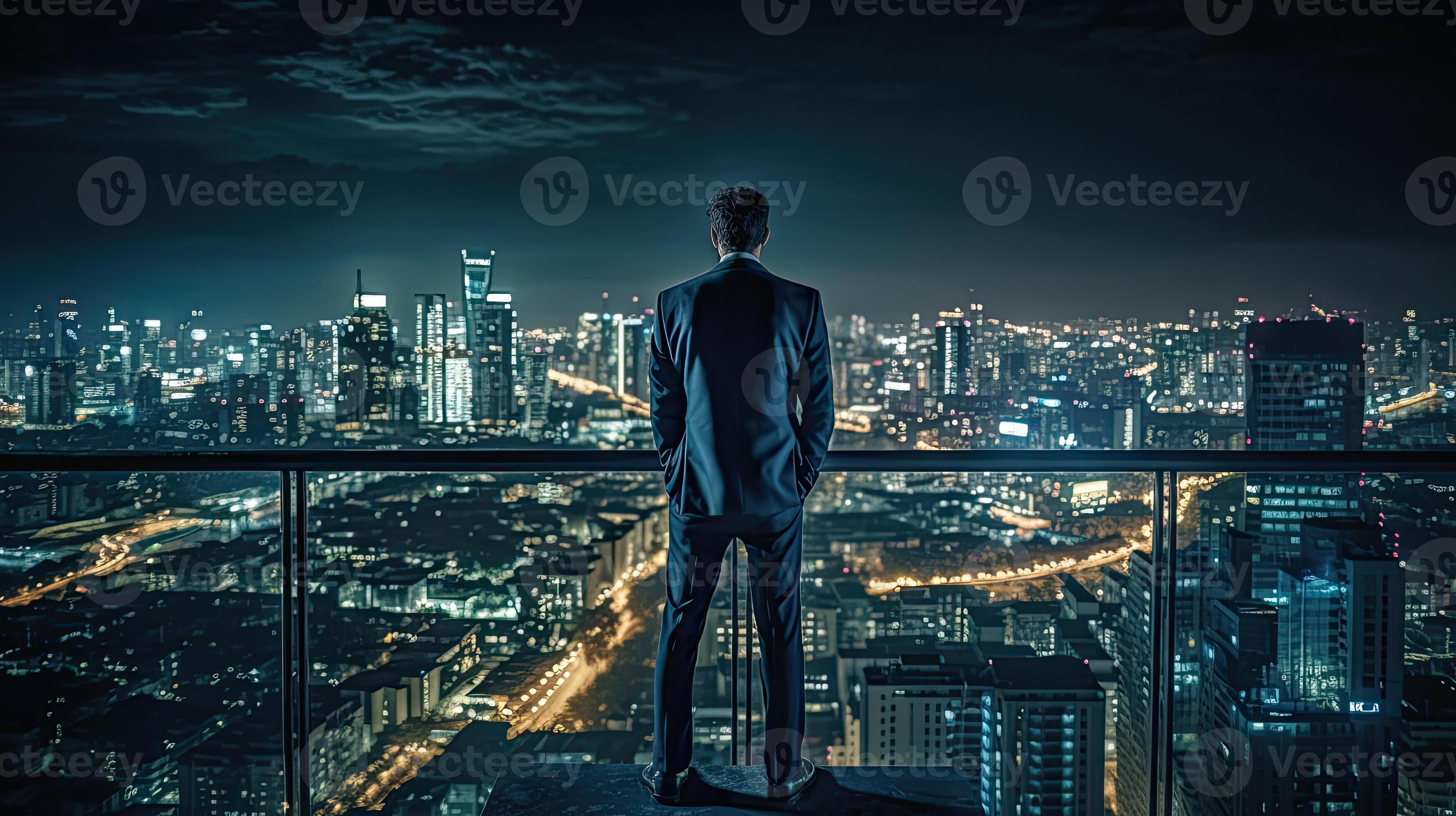 Businessman standing on balcony front view of city at night Business ...