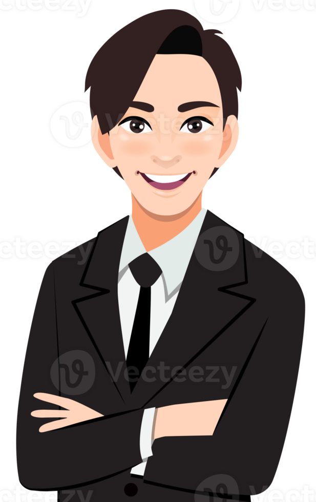 Businessman Or Male Character Crossed Arms Pose In Black Suit Half Body Cartoon Character