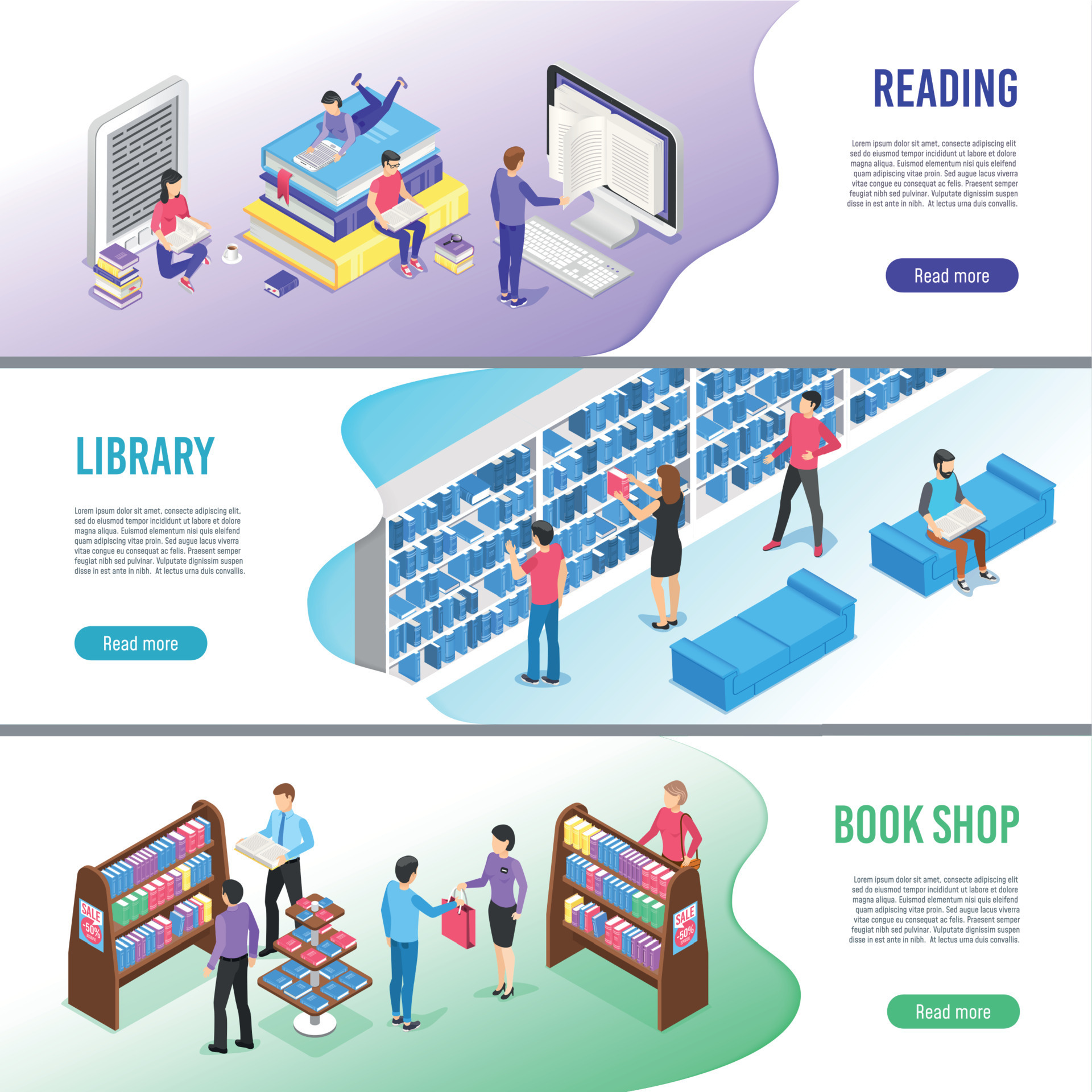 Isometric read book banner. Online library books with bookmark, reading ... Isometric read book banner. Online library books with bookmark, reading ...