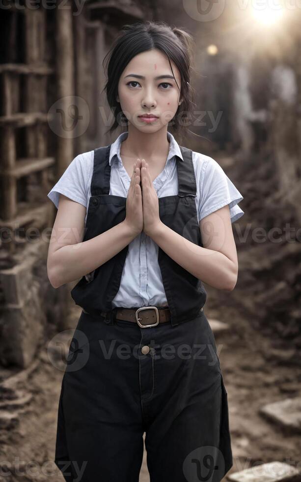 poor asian woman sawasdee raises hands together in a prayer pose , 23997131 Stock Photo at Vecteezy