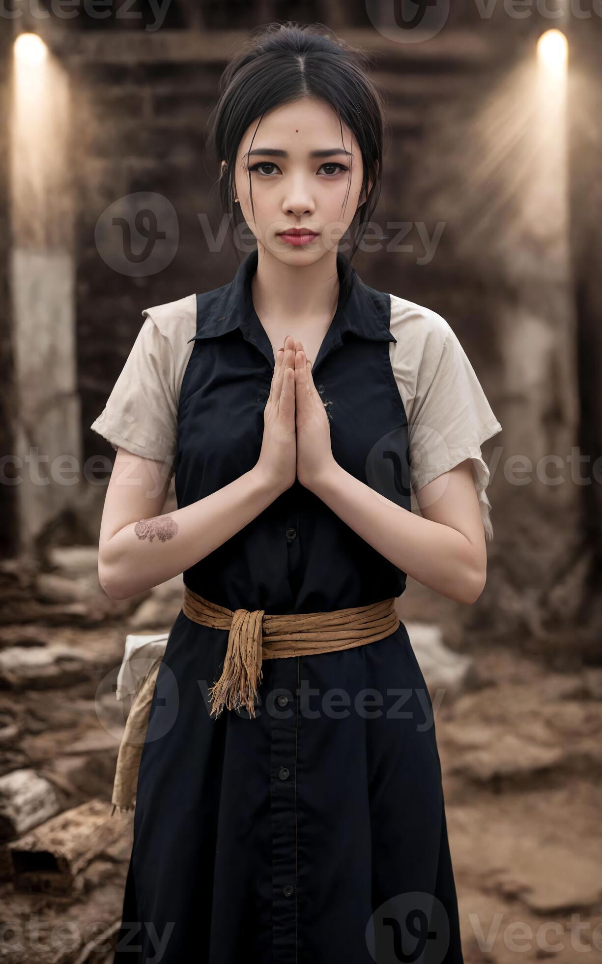 poor asian woman sawasdee raises hands together in a prayer pose , 23998944 Stock Photo at Vecteezy