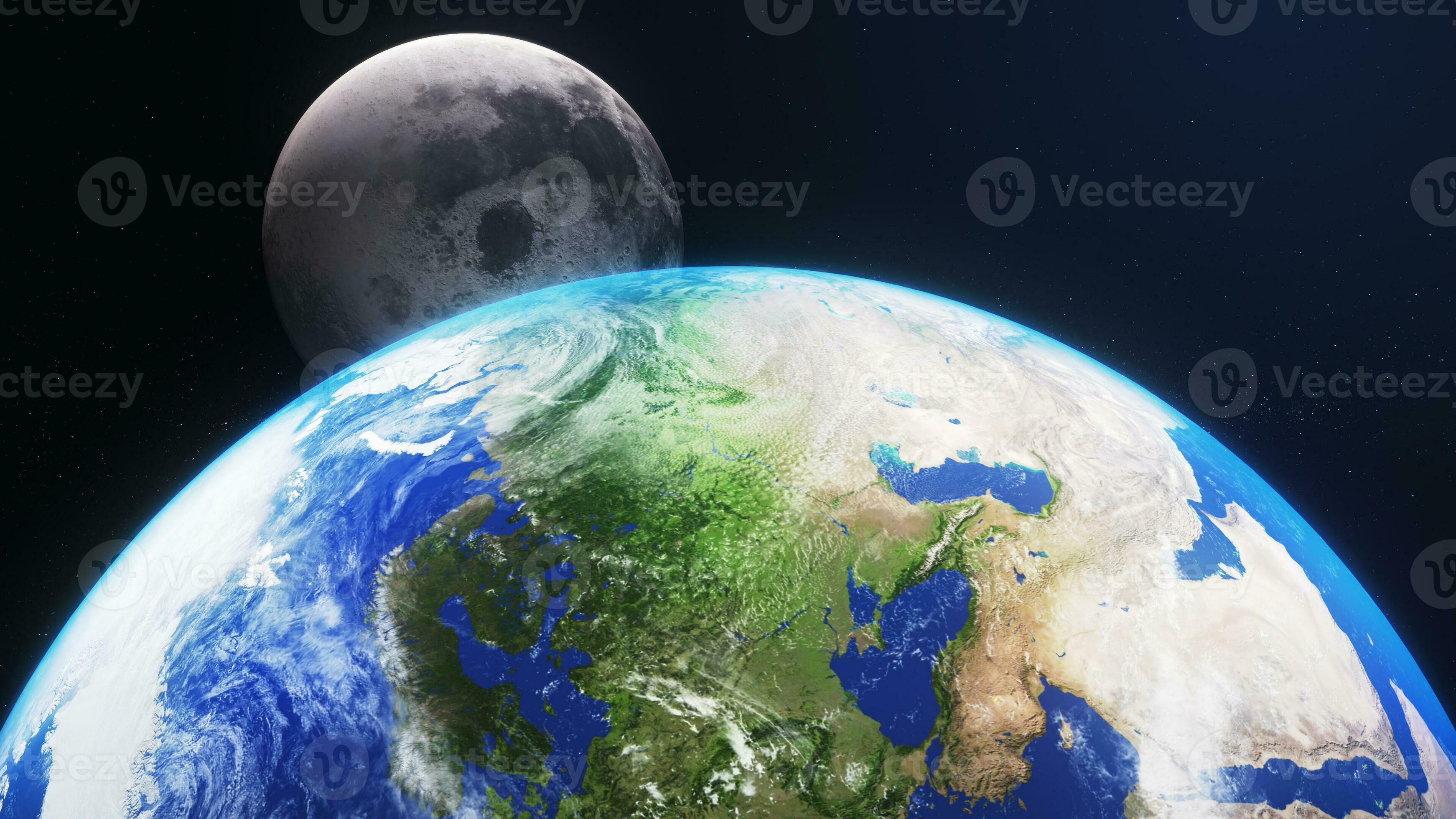 3D Render Show Up Moon Behind Close Up Earth Planet On Galaxy Space 3D Illustration Background ...
