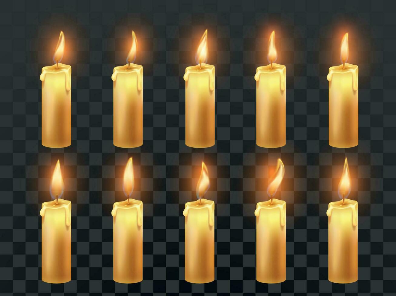 Candle fire animation. Burning orange wax candles, candlelight flame and animated fire flames ...