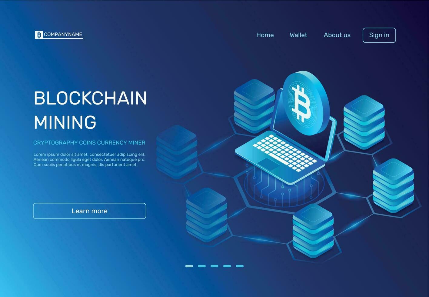 Blockchain mining. Cryptography coins currency miner on laptop connected to blockchain bitcoin ...