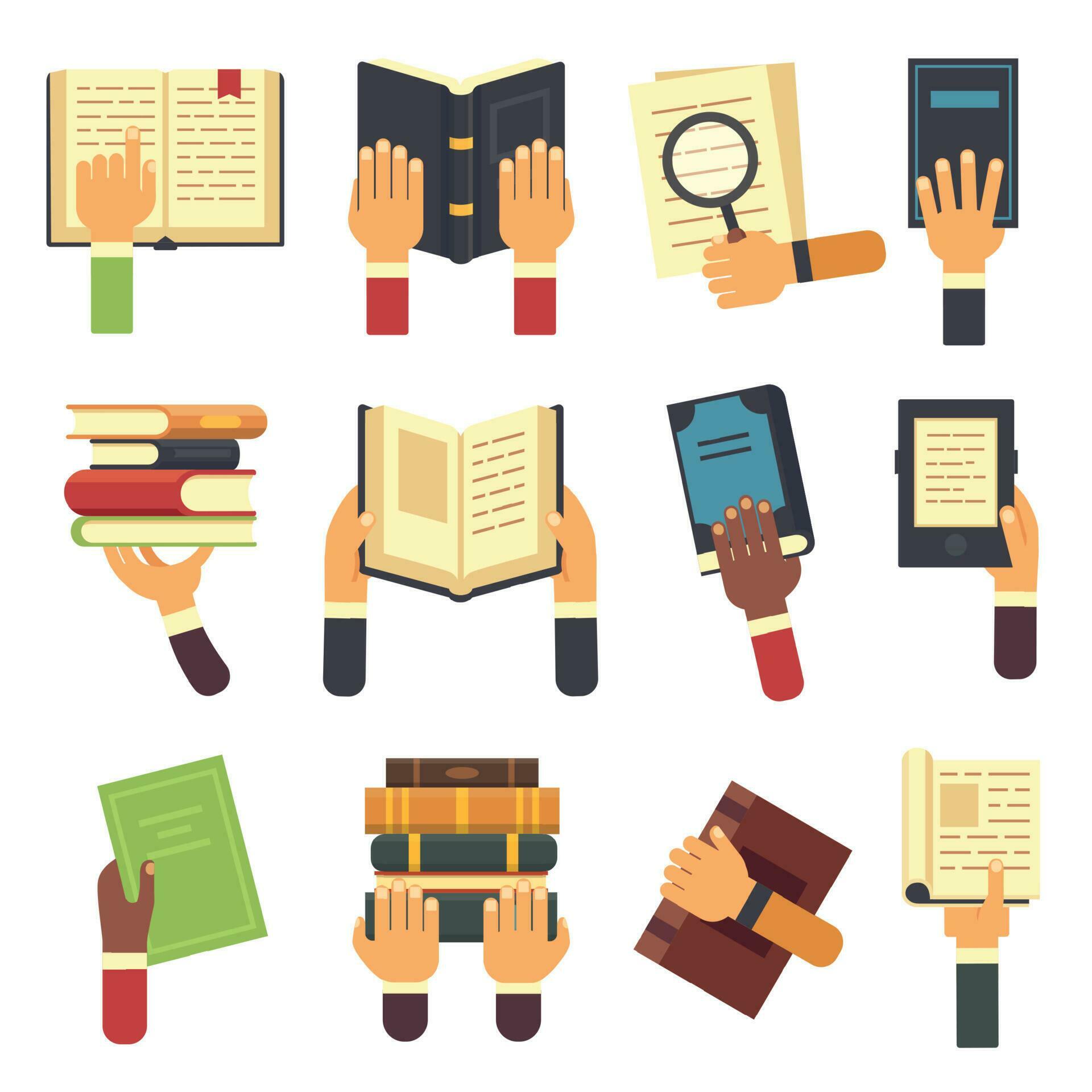 Hands with books. Holding book in hand, reading ebook and reader ...