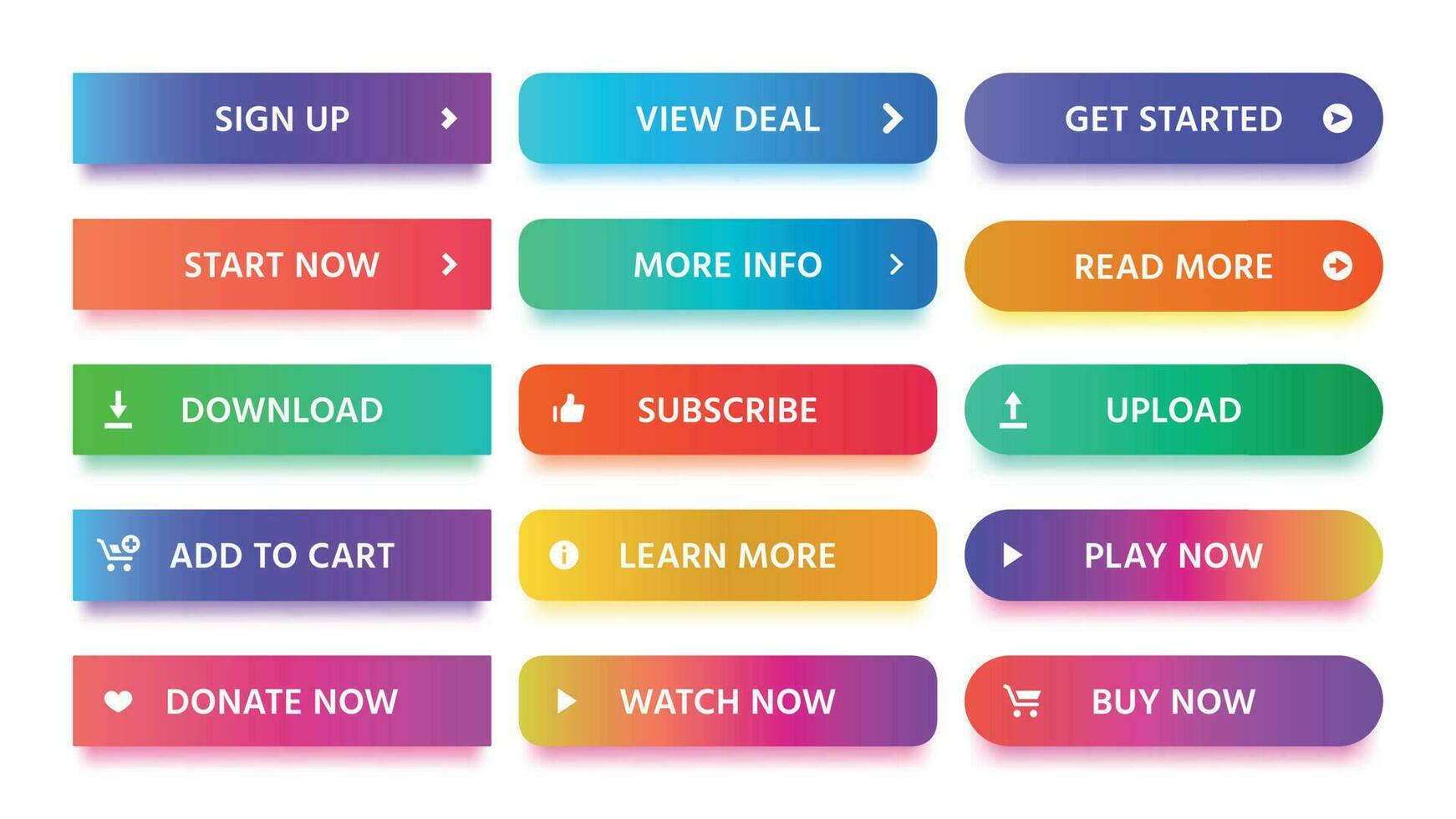 Material design button. Modern colorful gradients, vivid color buttons with icons isolated ...