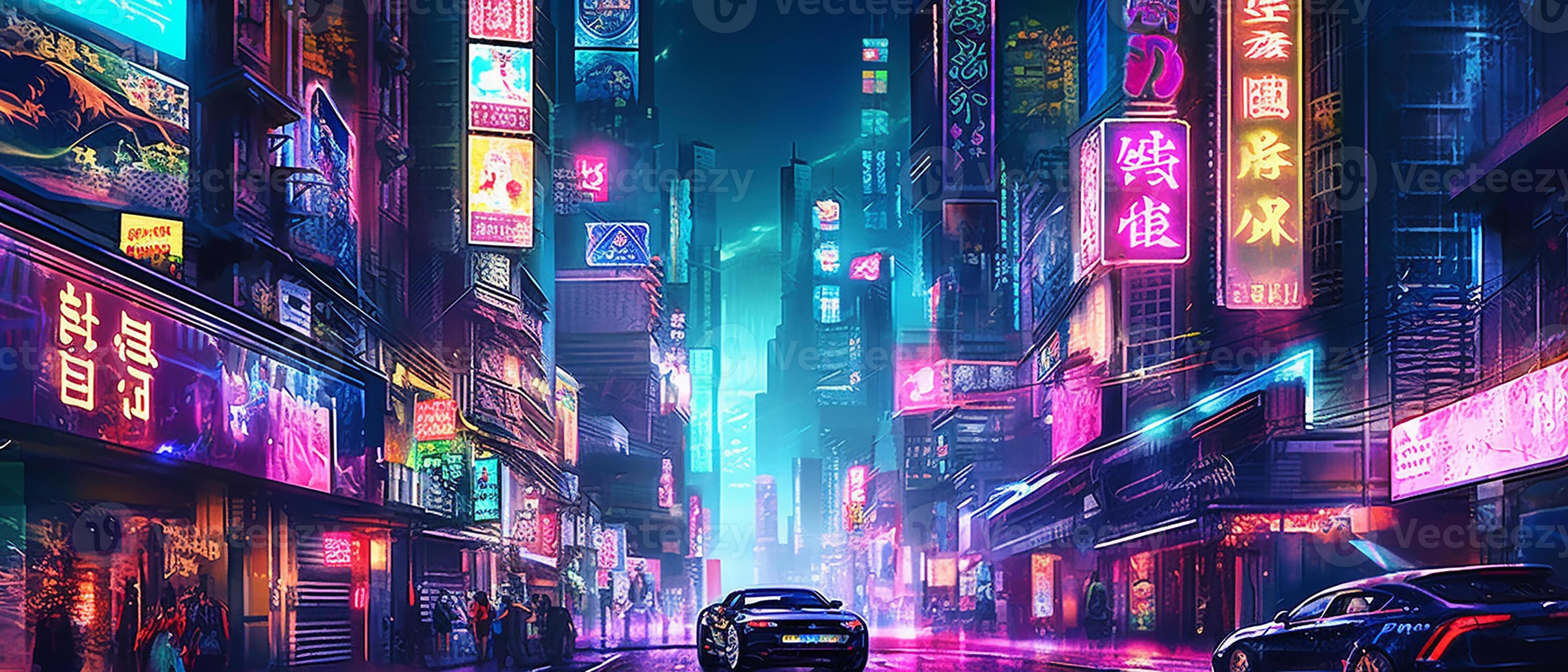 Cyberpunk Futurista Asiático Ciudad Panorama De Calles Y Casas En Neón