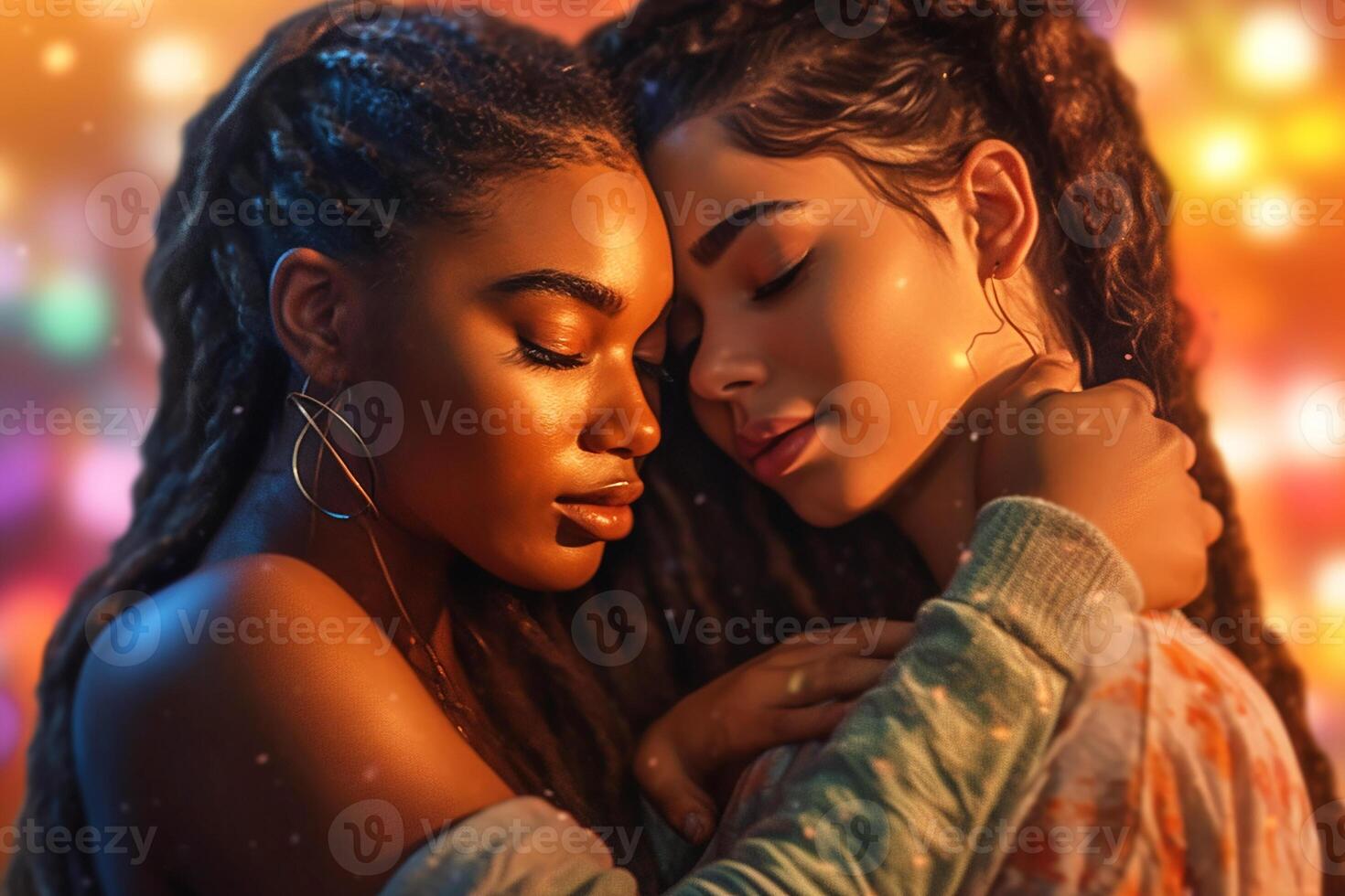 Two Young Dark Sexy Attractive Girls Gently Hugging And Kissing Each