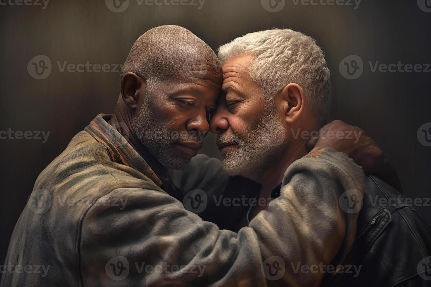 Two happy older men hugging each other, one black, the other Caucasian ...