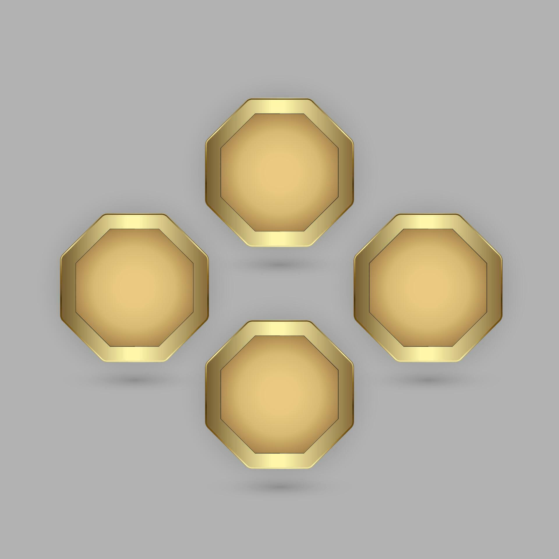 Set of four hexagon buttons in 3d plate shape with golden frame vector ...