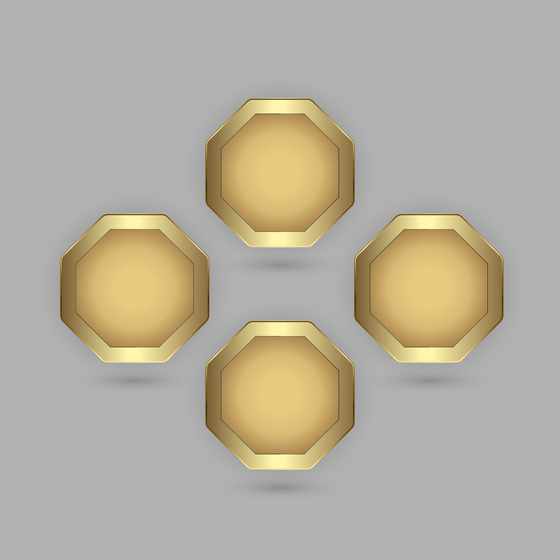 Set of four hexagon buttons in 3d plate shape with golden frame vector ...