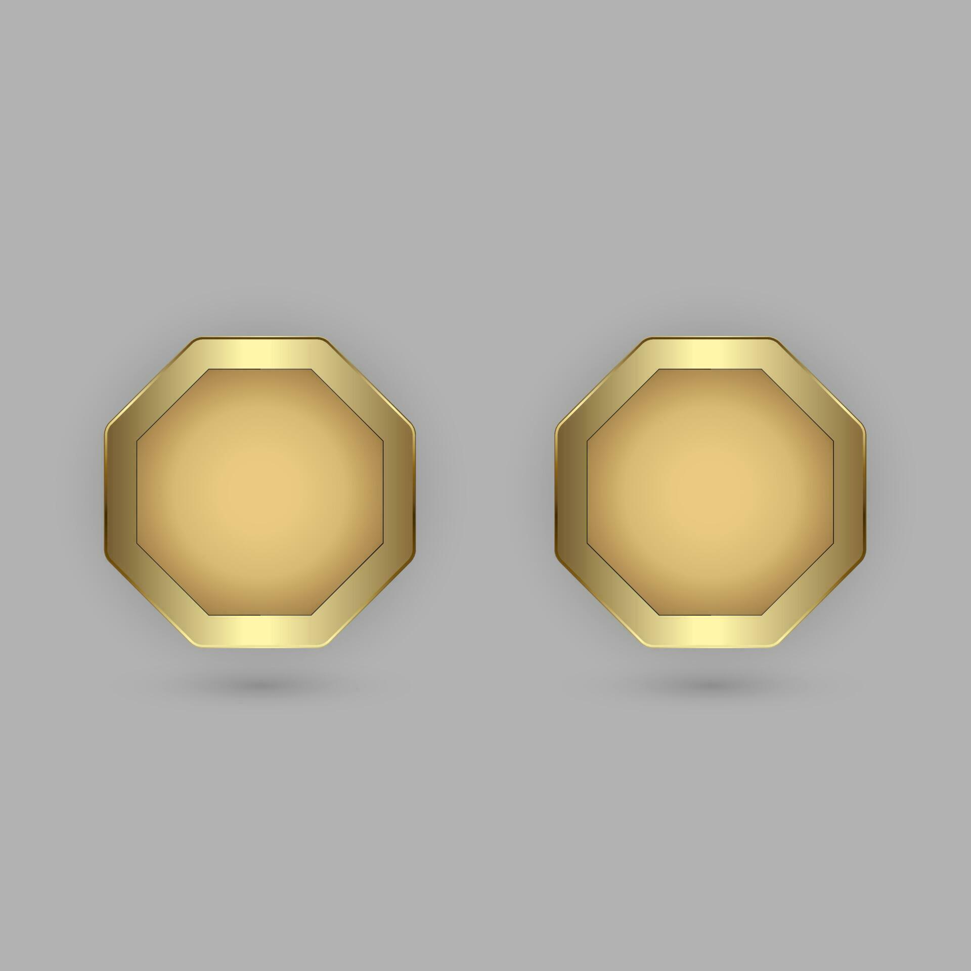 Two hexagon button in 3d plate shape with golden frame vector ...
