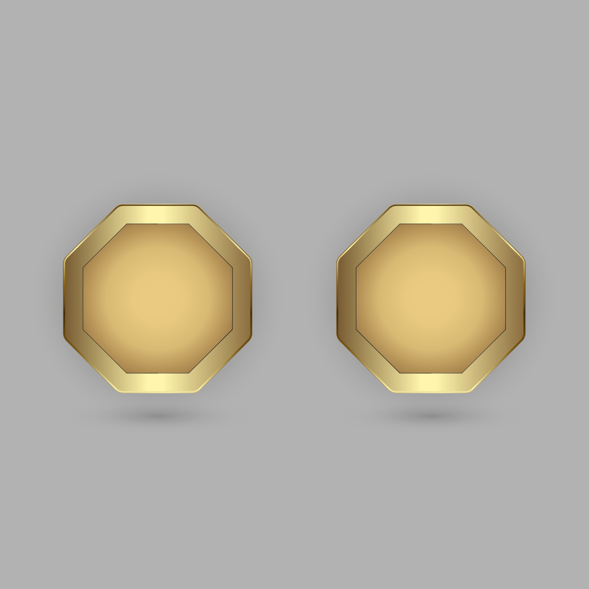 Two hexagon button in 3d plate shape with golden frame vector ...