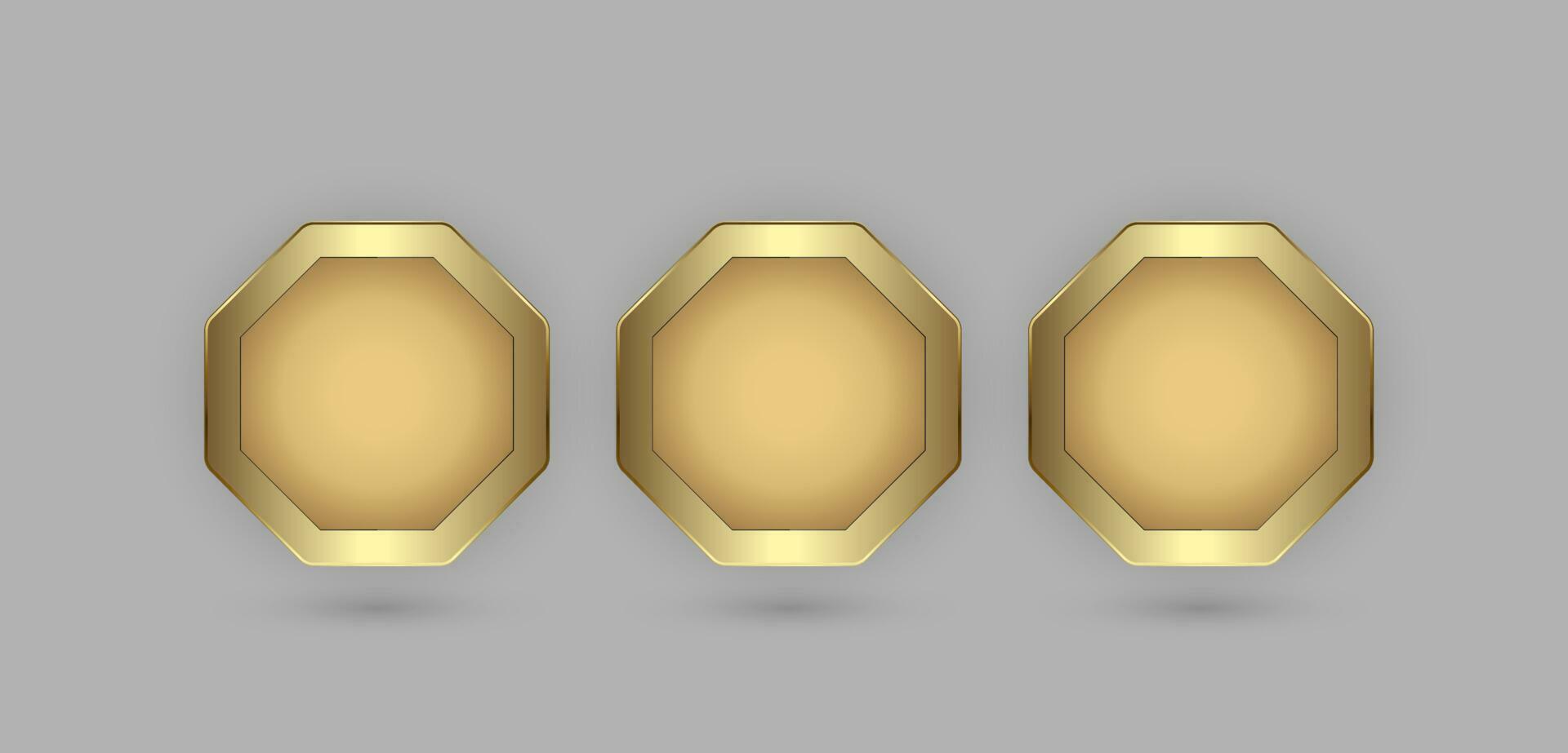 Three hexagon buttons in 3d plate shape with golden frame vector ...
