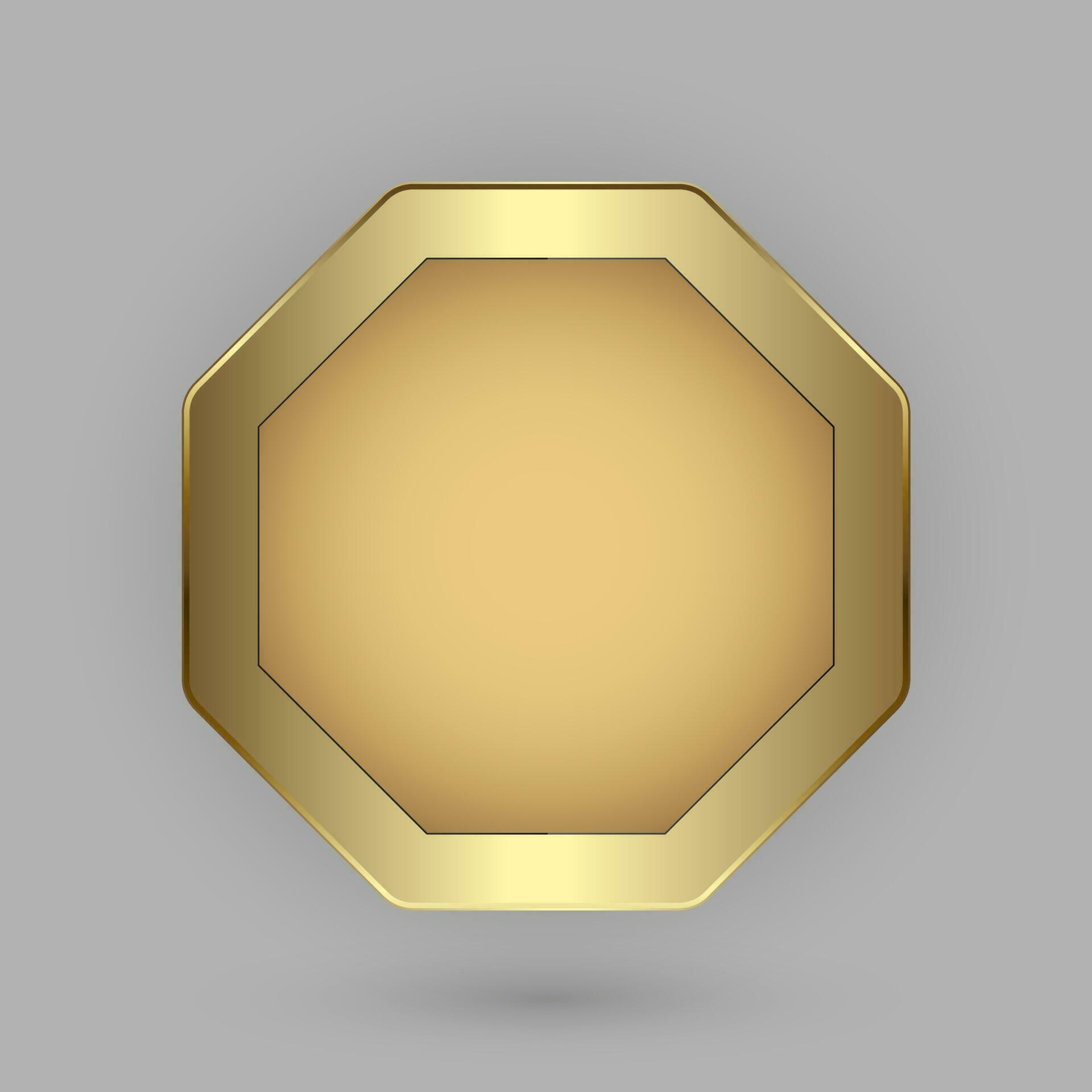 Hexagon button in 3d plate shape with golden frame vector illustration ...