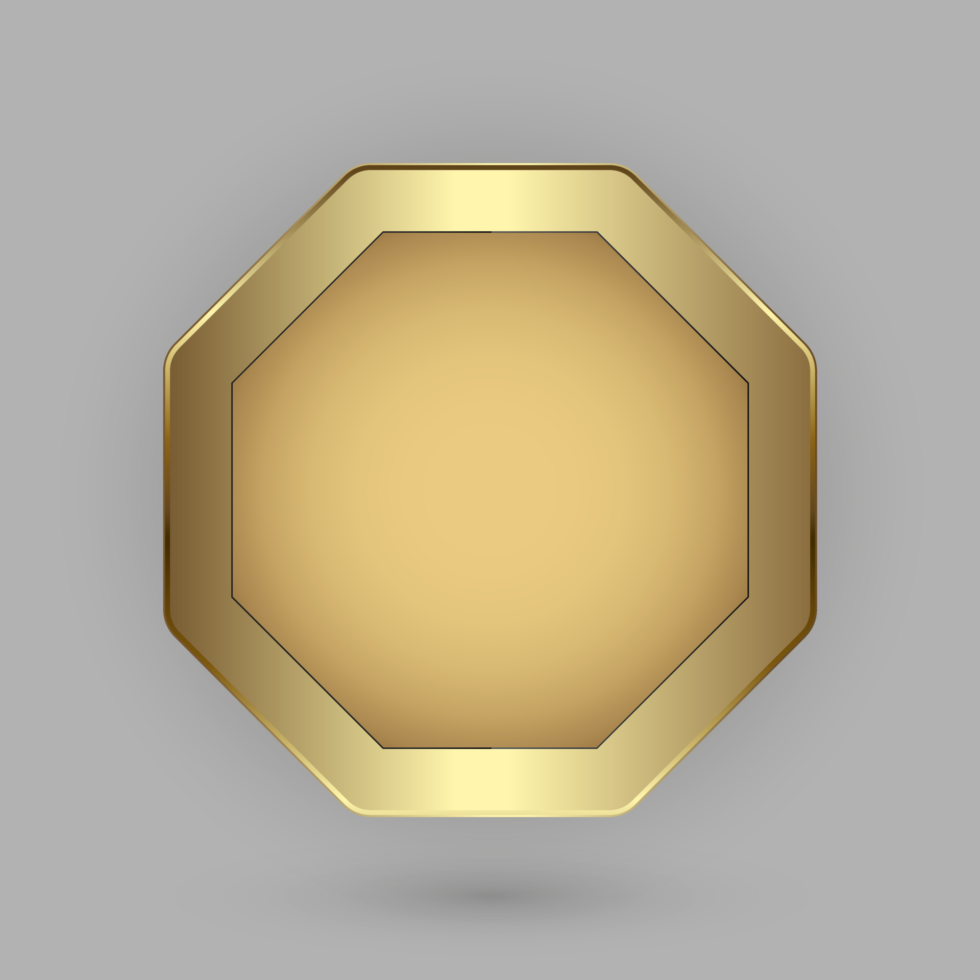Hexagon button in 3d plate shape with golden frame vector illustration ...