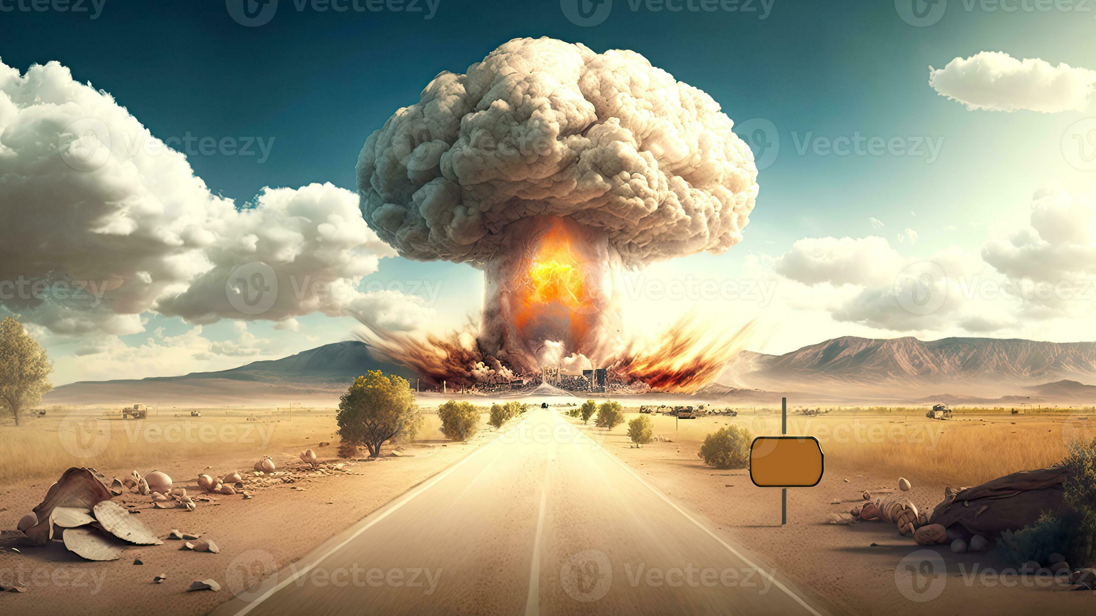 Destroyed world, nuclear explosion with fire burning, ai-generative digital art. 24039978 Stock ...