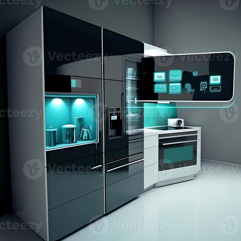 Kitchen with smart appliances with display screen and a smart oven with ...