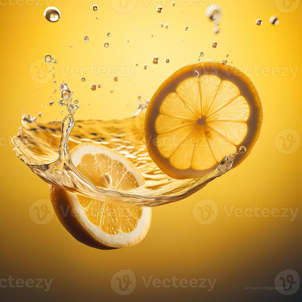 Slices of Lemon Floats in Water Against Yellow Background, Technology. 24042574 Stock Photo at ...