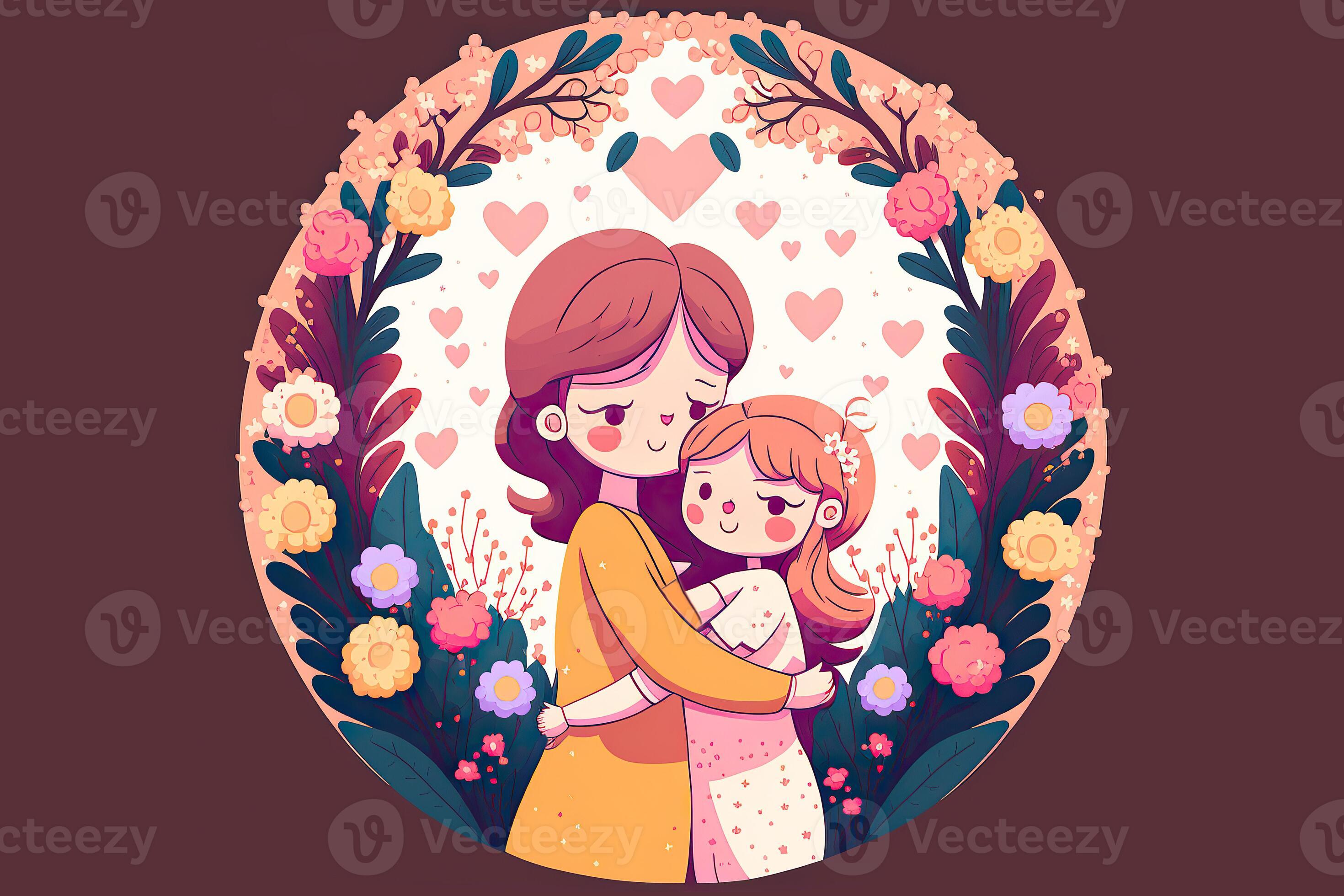 A Beautiful Image of Loving Mother Hugging Her Daughter in Floral Circular Frame or Background ...