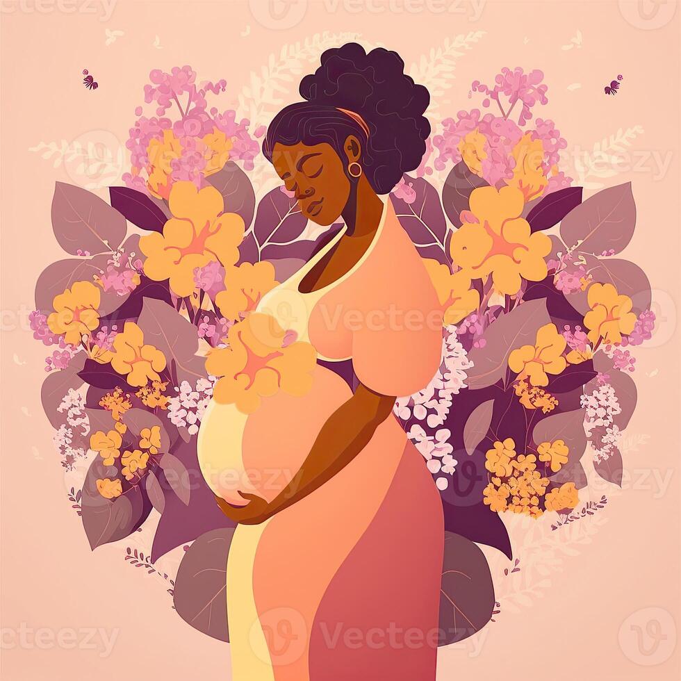 Portrait Of African Pregnant Woman Touching Her Belly Floral Decorated