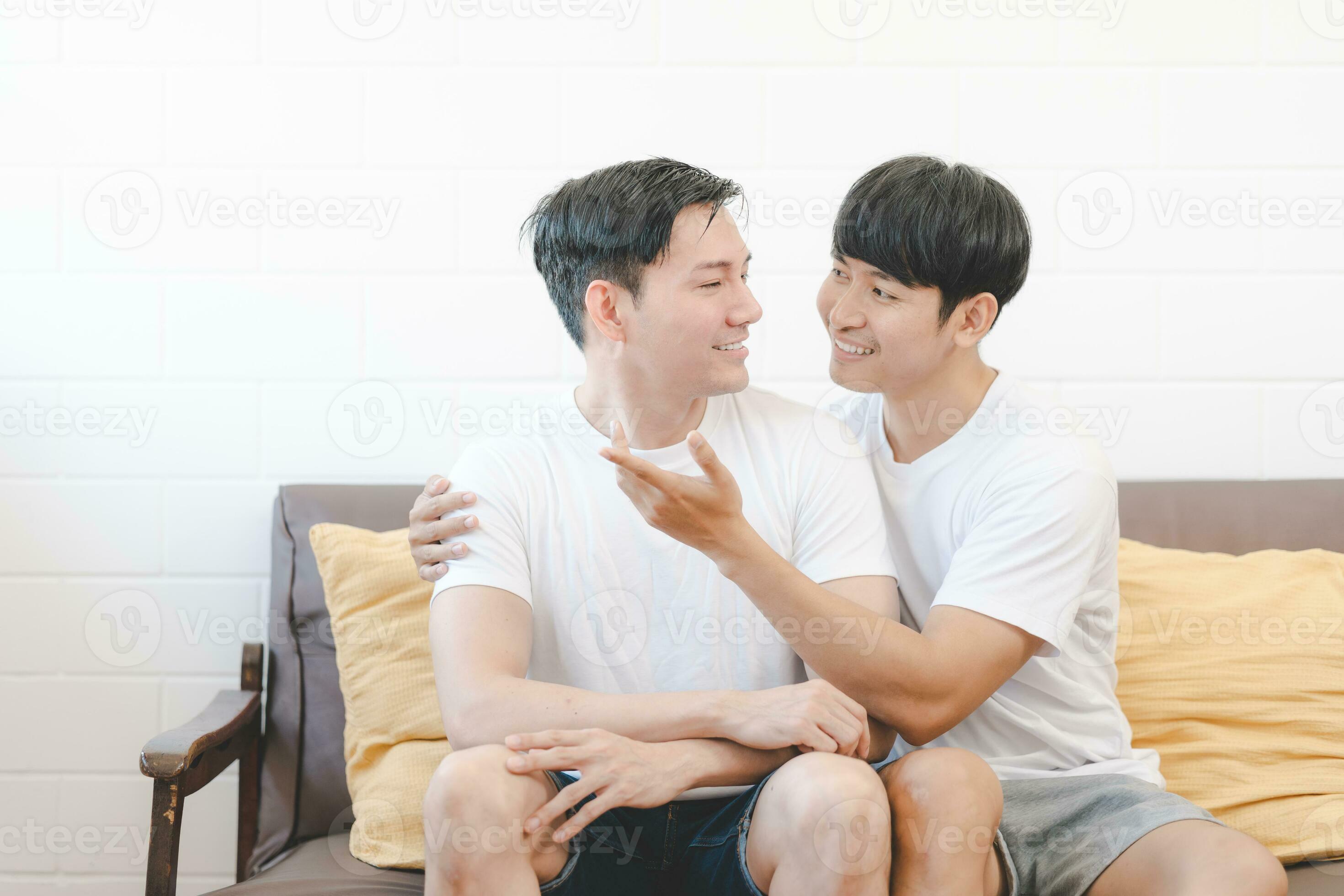 Happy Asian Gay Couple Hug Together On Sofa Asian Lgbt Couple