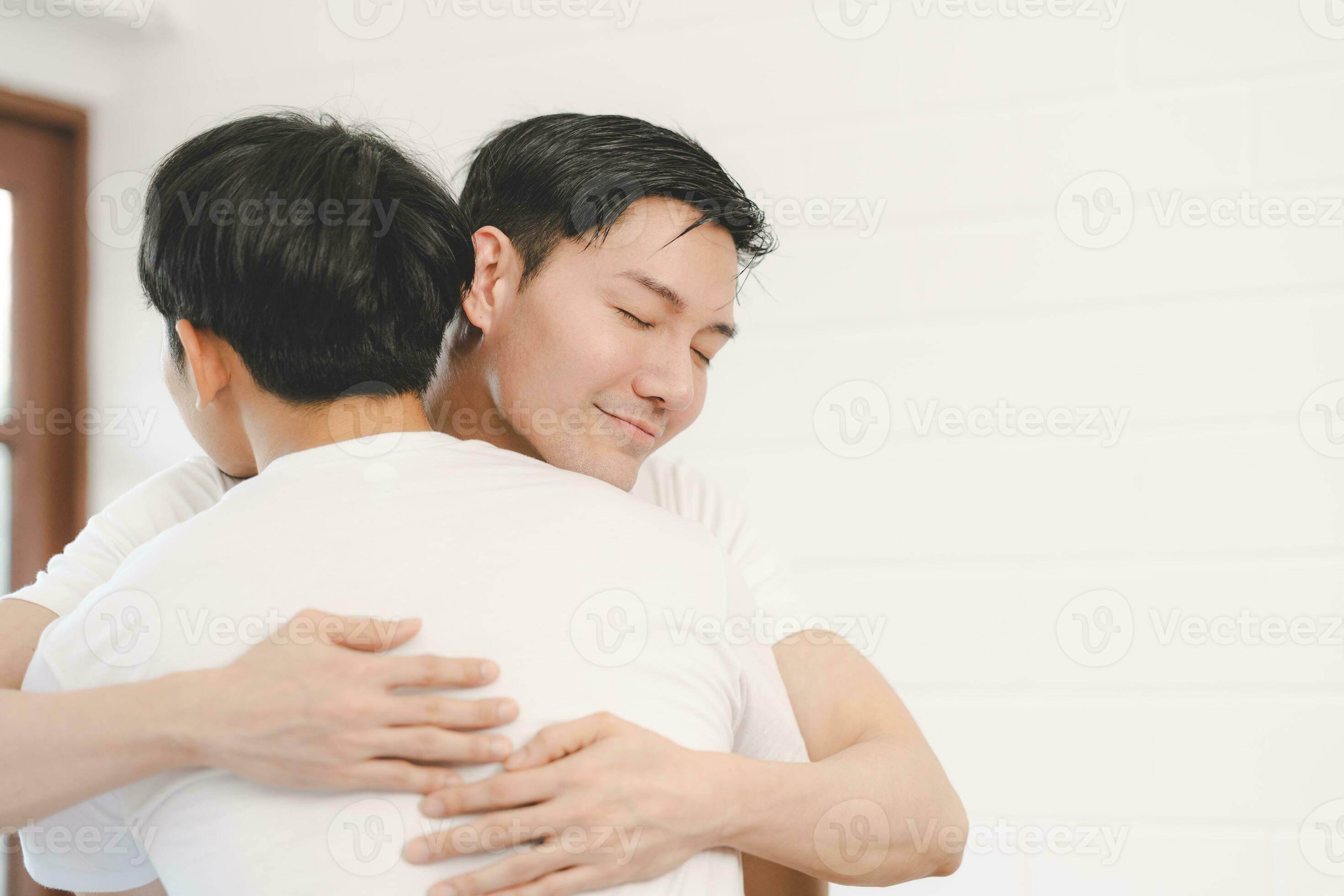 Happy Asian Gay Couple Hug Together On Sofa Asian Lgbt Couple