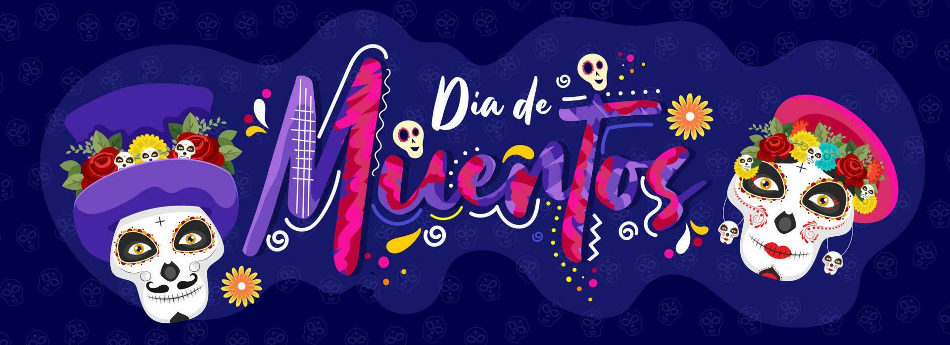 Creative text of Dia De Muertos with sugar skulls on blue skull pattern ...
