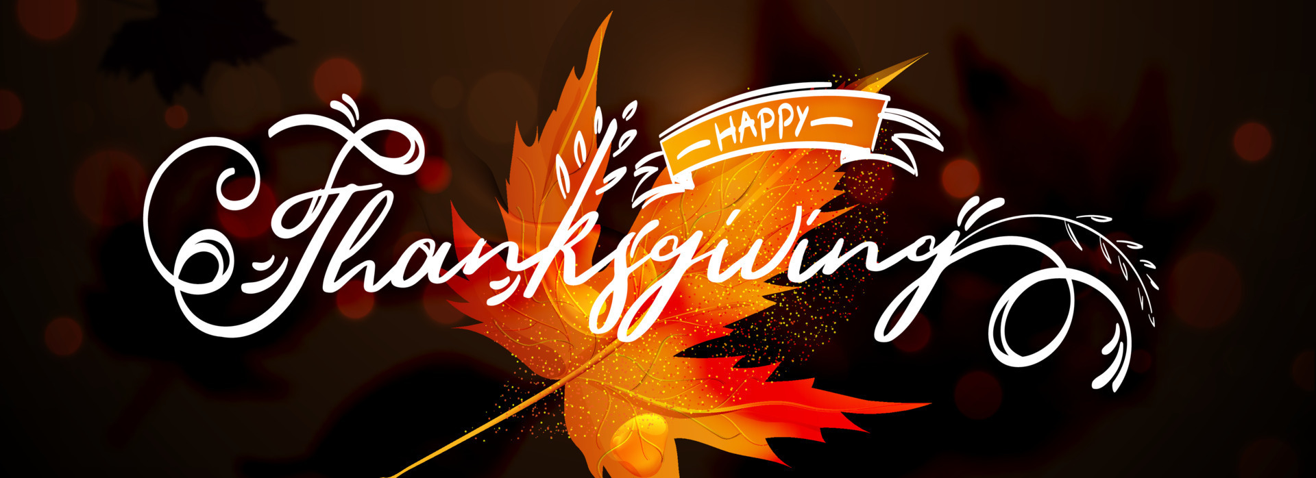 Stylish text of Happy Thanksgiving on maple leaf and brown bokeh effect ...