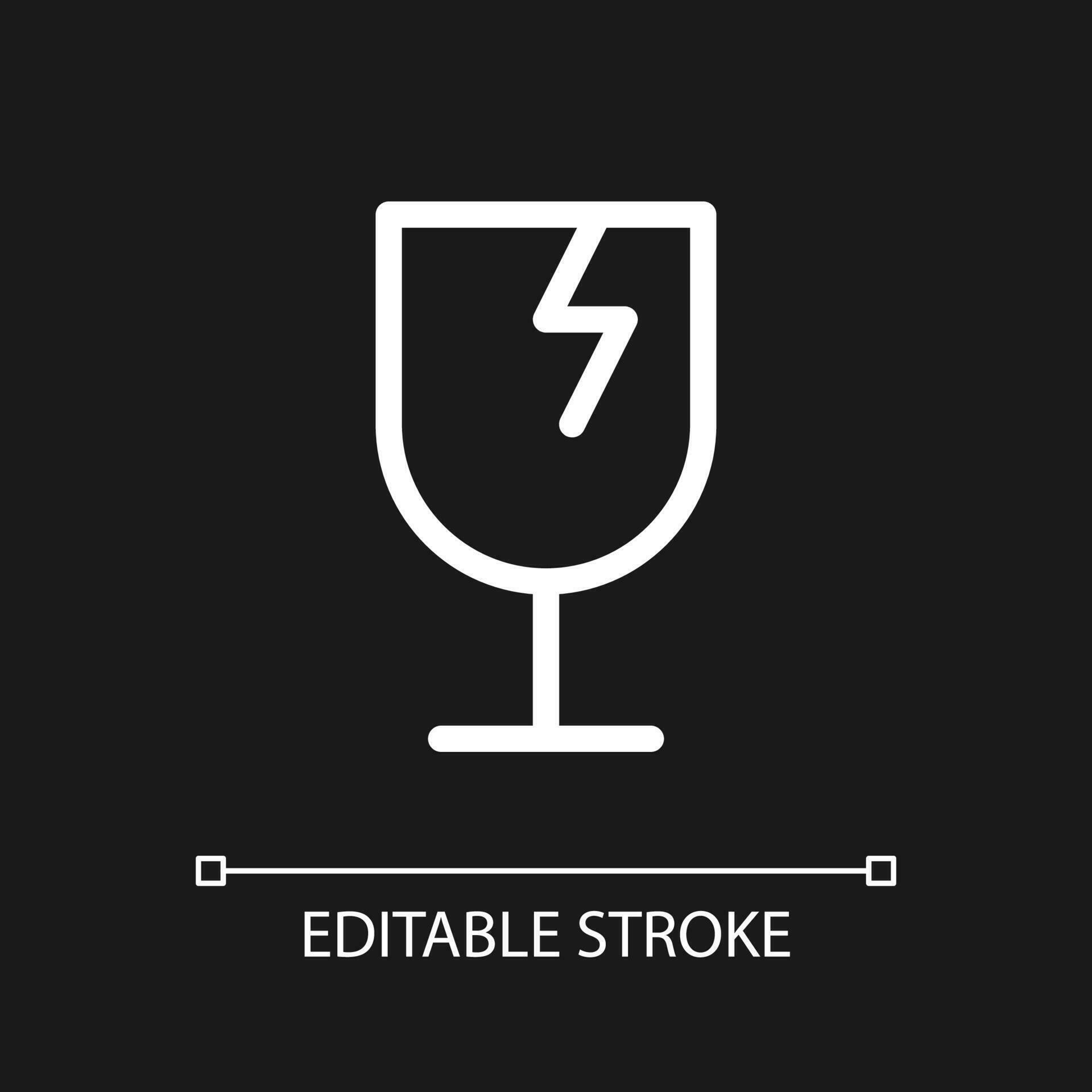 Broken wineglass pixel perfect white linear ui icon for dark theme. Fragile package. Attention ...