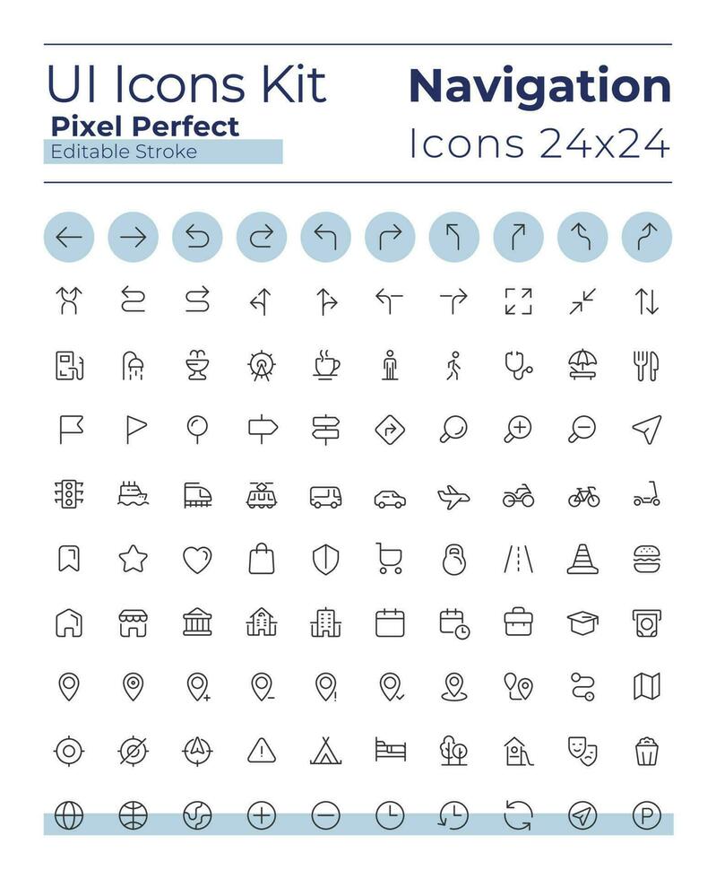 Tracking real time location pixel perfect linear ui icons set. GPS tool. Accurate directions ...