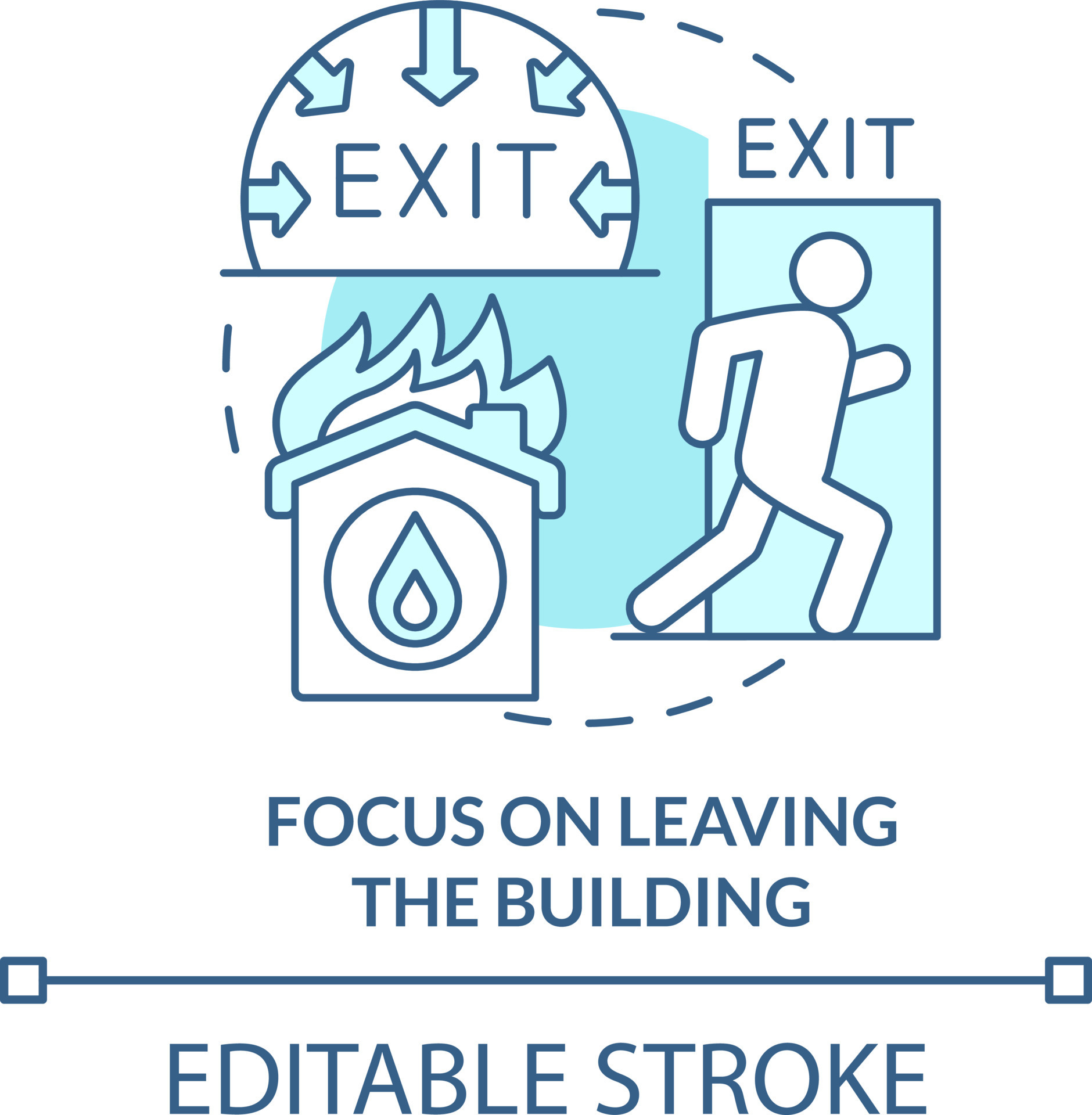 Focus on leaving building turquoise concept icon. Survive fire abstract idea thin line ...