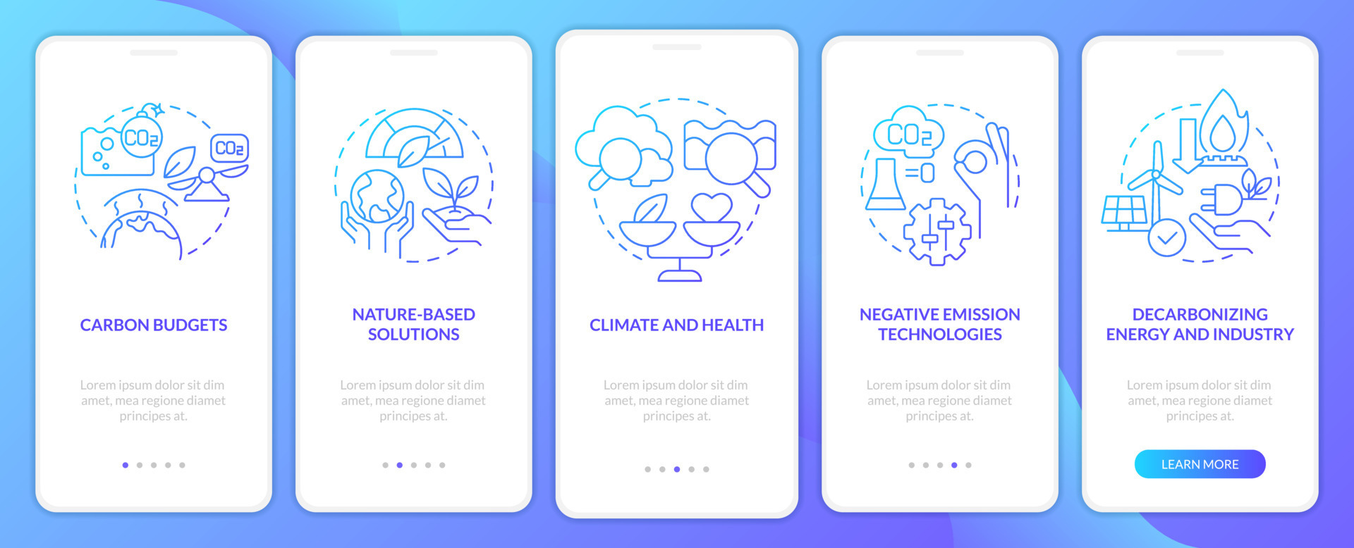 Global Net Zero Goals Blue Gradient Onboarding Mobile App Screen Carbon Walkthrough 5 Steps
