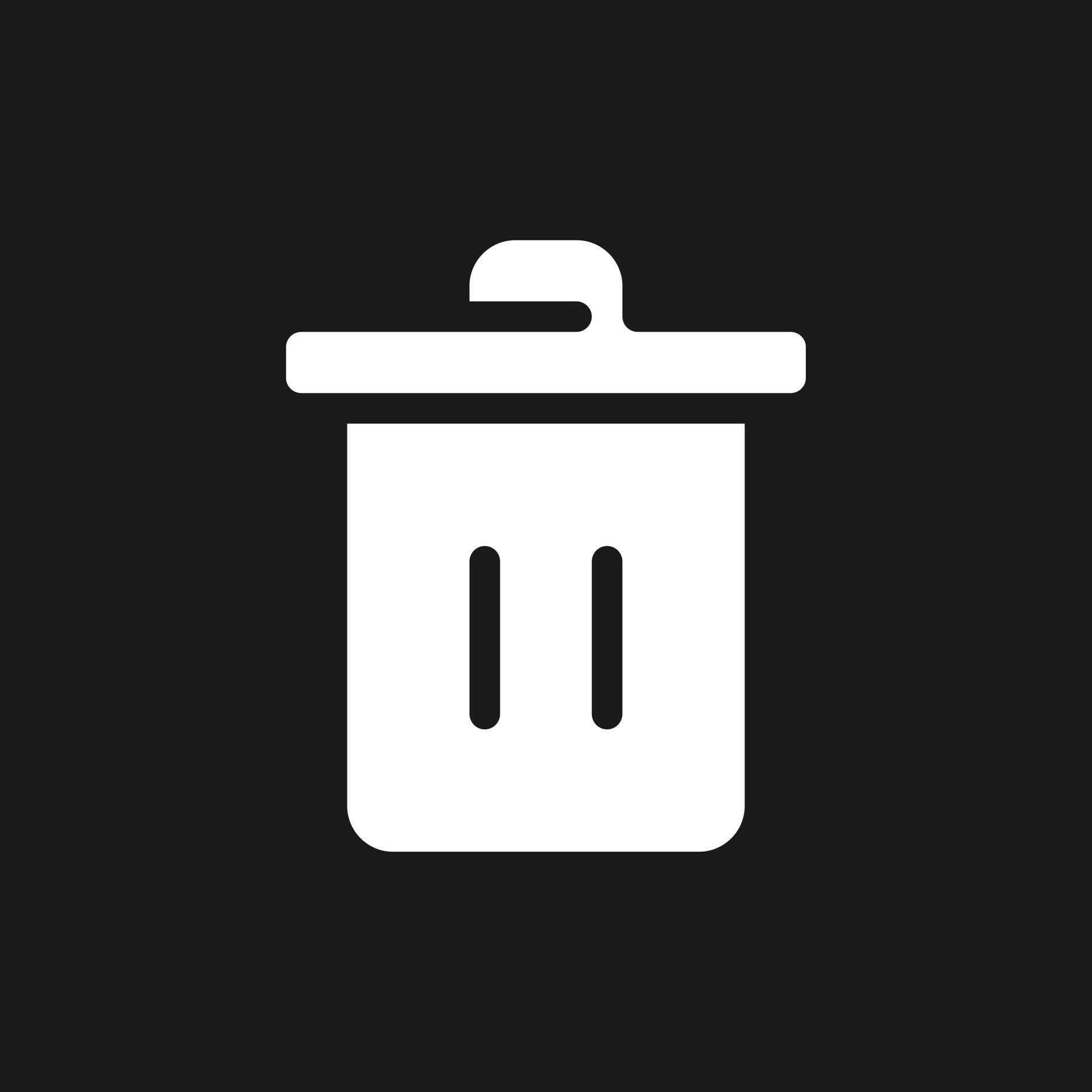 Trash can dark mode glyph ui icon. Recycle bin. Garbage container. User interface design. White ...