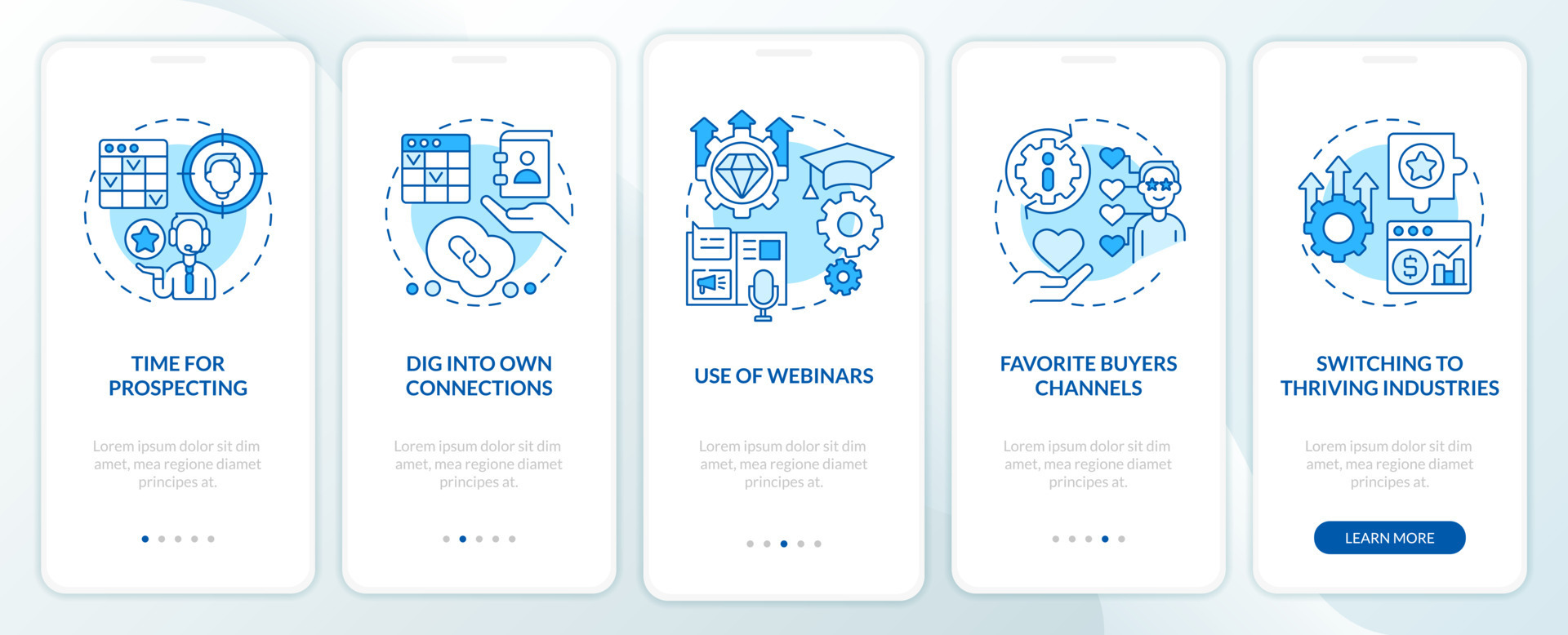 Sales Prospecting Techniques Blue Onboarding Mobile App Screen Walkthrough 5 Steps Editable
