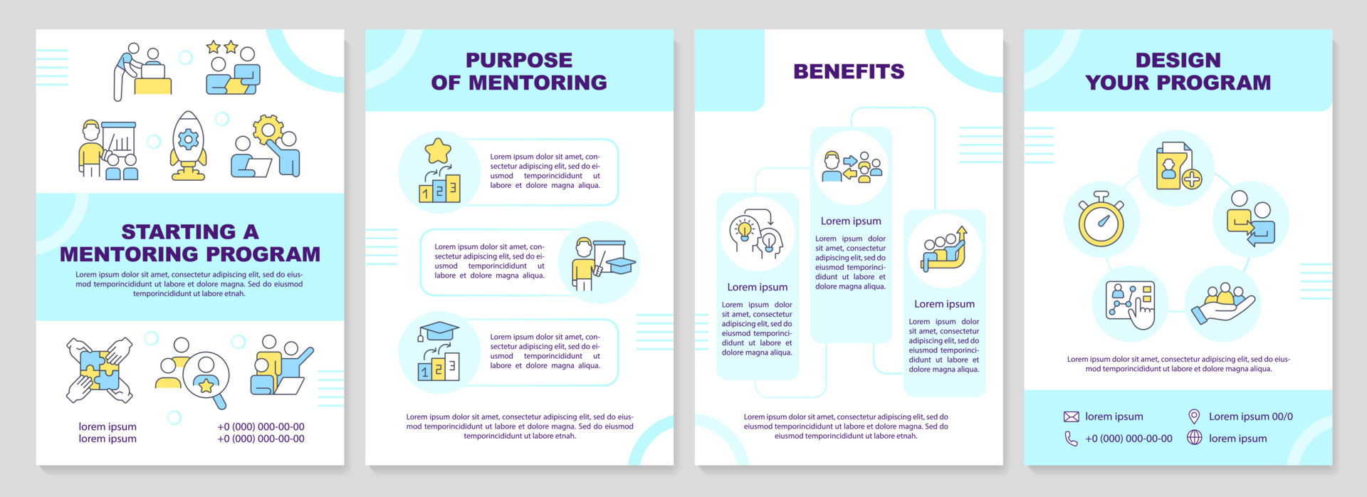 Starting mentoring program cyan brochure template. Benefits. Leaflet design with linear icons ...